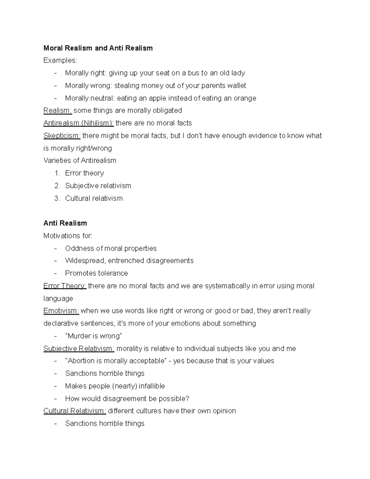 PHIL Final Study Guide - Moral Realism and Anti Realism Examples ...