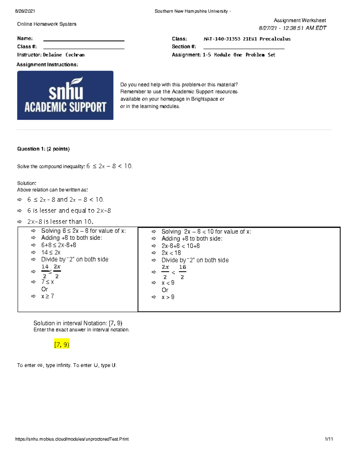 AT-140-J1353 21EW1 Precalculus - Online Homework System Name: Class ...