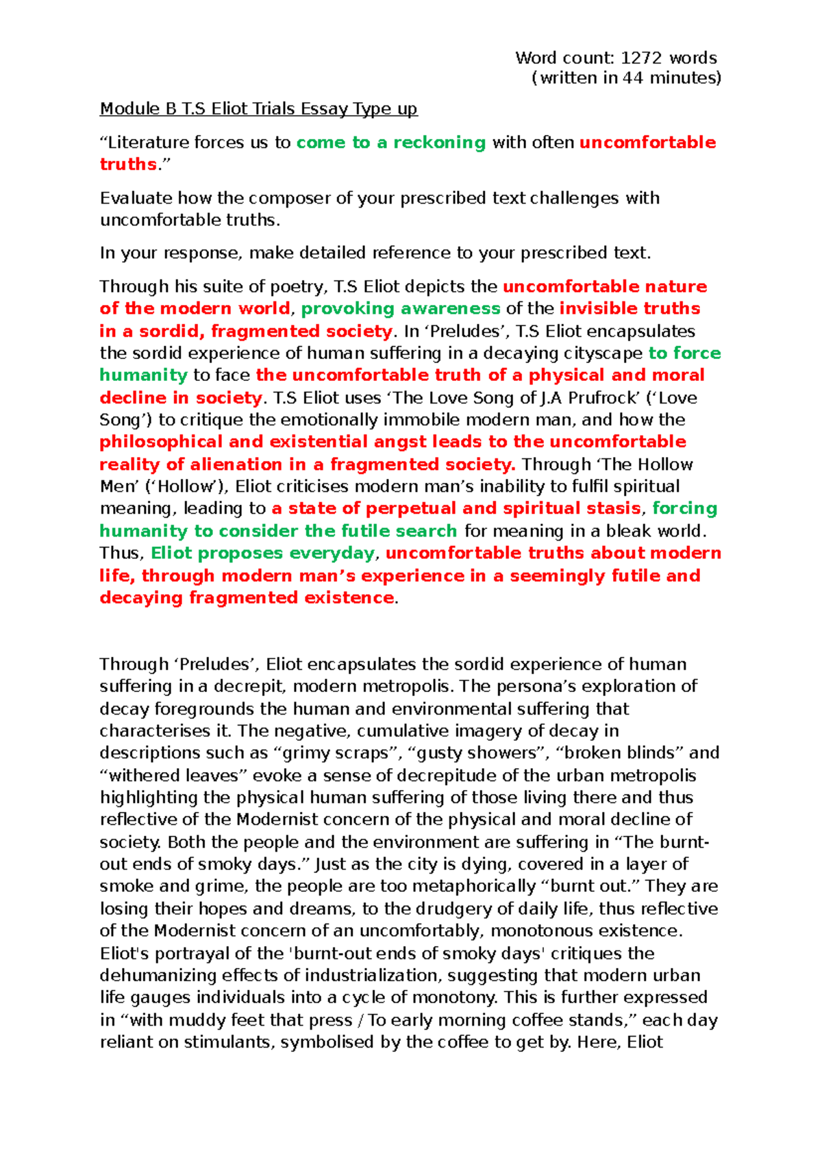 Module B T.S Eliot Trials Essay Typeup - (written in 44 minutes) Module ...