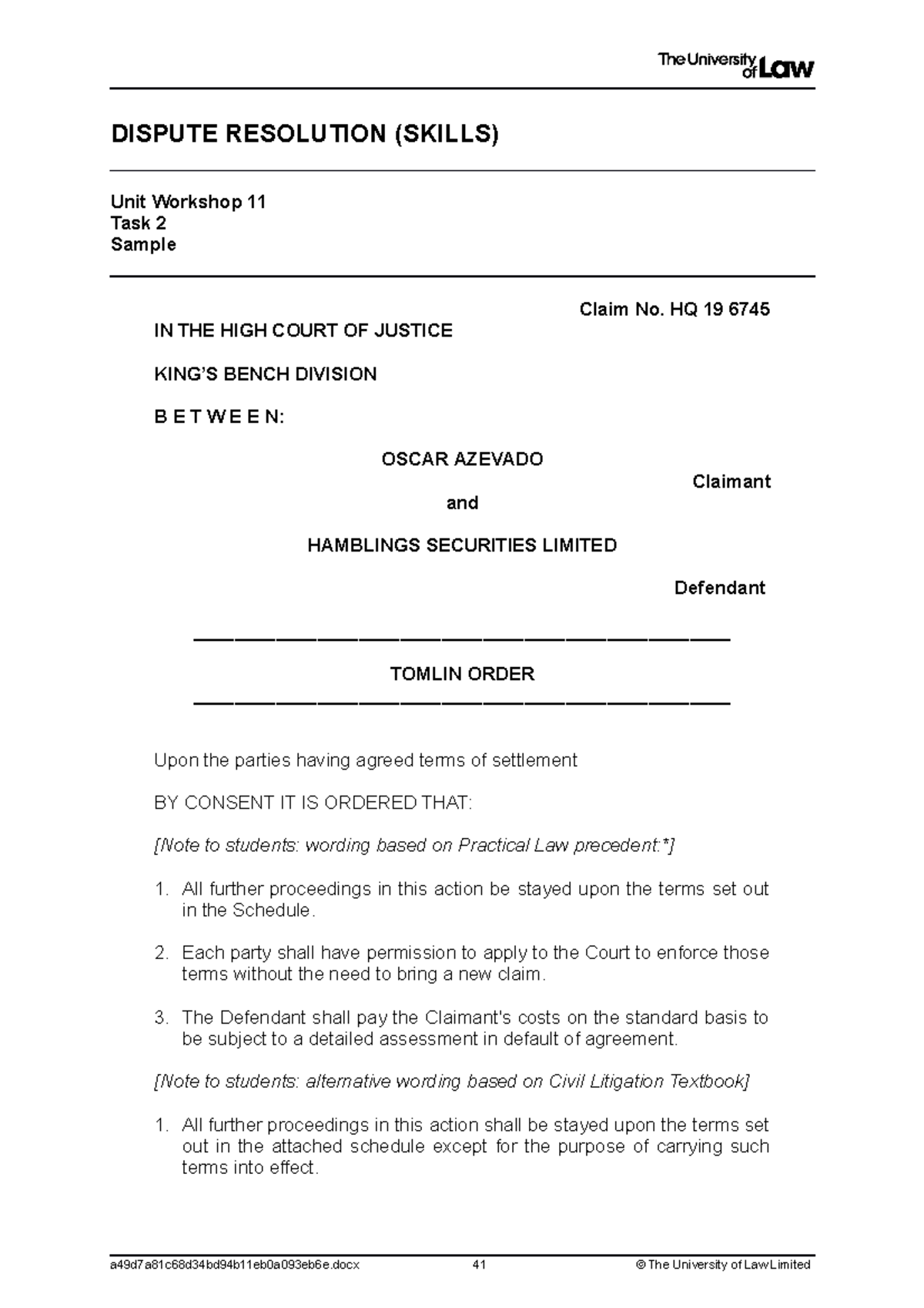 Tomlin Order Exemplar WS11 - DISPUTE RESOLUTION (SKILLS) Unit Workshop ...