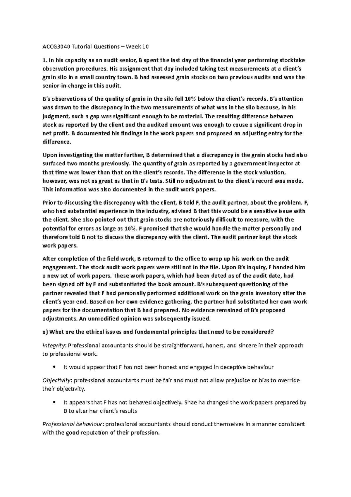 Tutorial Qs - Week 10 - ACCG3040 Tutorial Questions – Week 10 In his ...