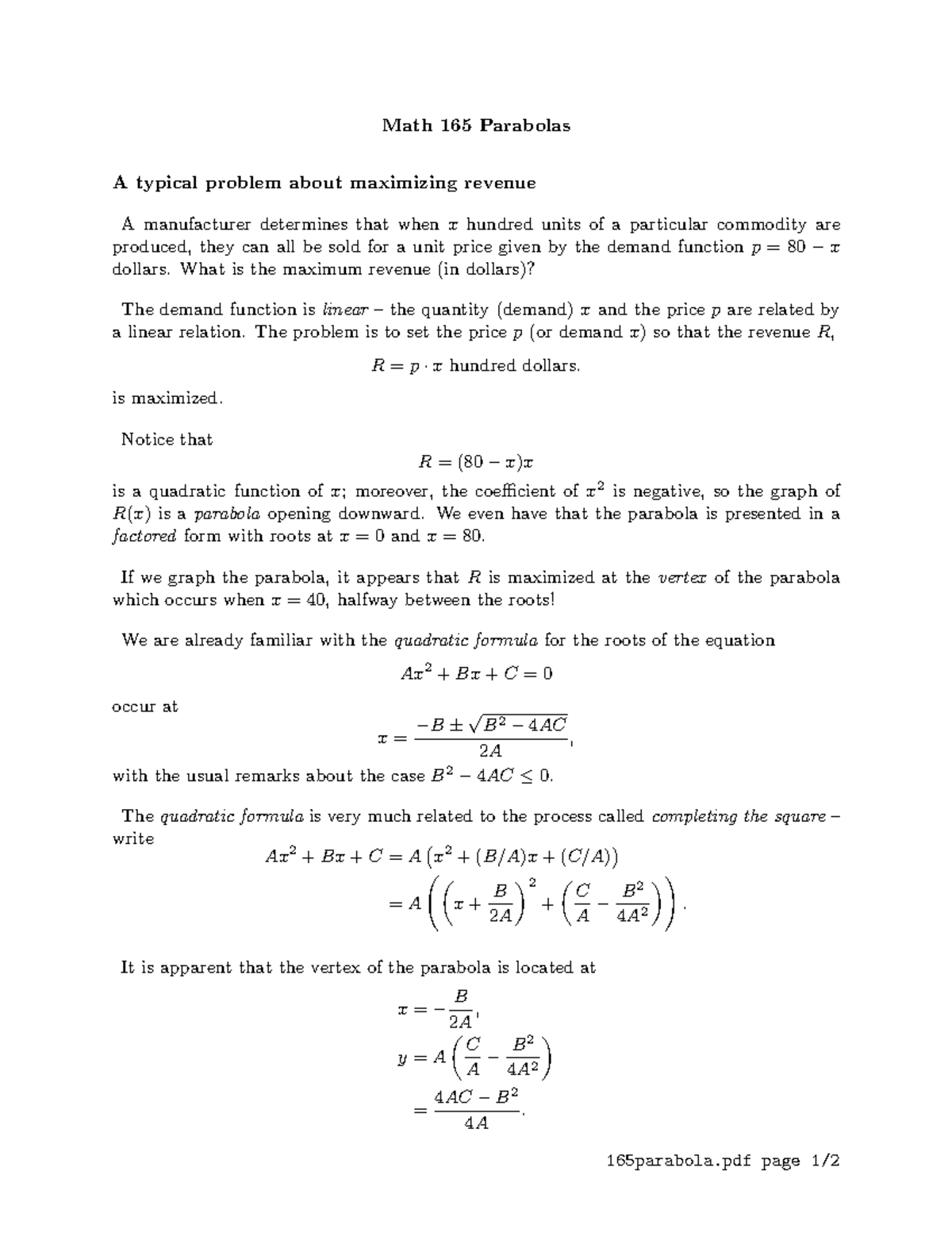 Math 165 Parabolas - Math 165 Parabolas A typical problem about ...