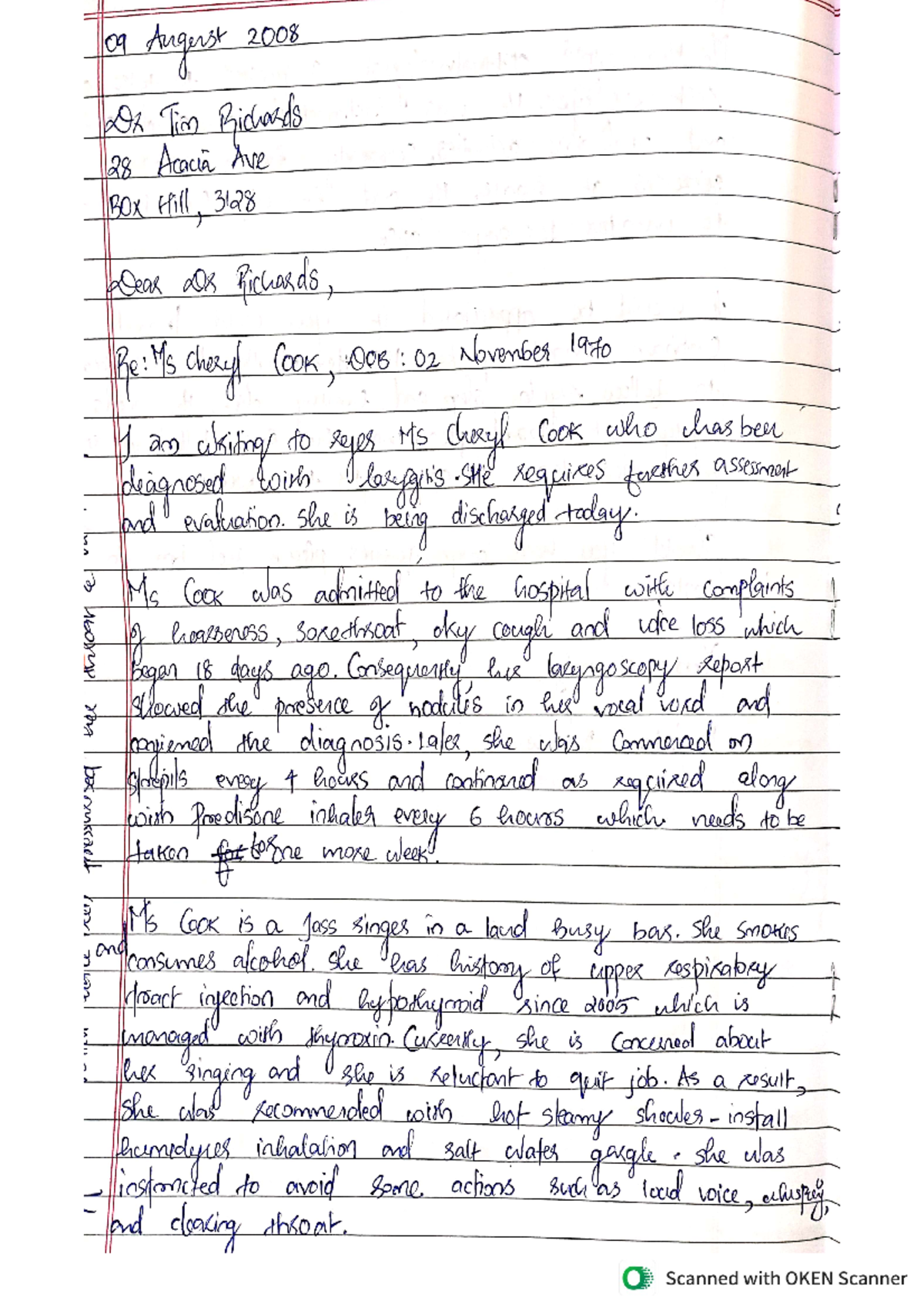 Cheryl Cook OET Writing 2023 - Bachelor of Science in Nursing - Studocu