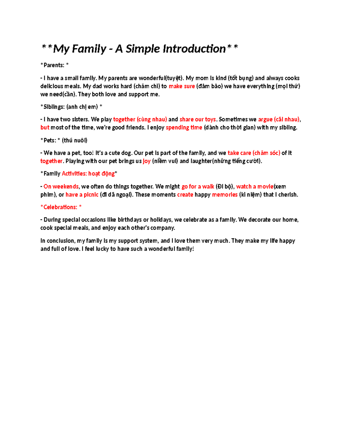 BÀI ĐỌC MỚI - nnnn - My Family - A Simple Introduction *Parents: * I ...