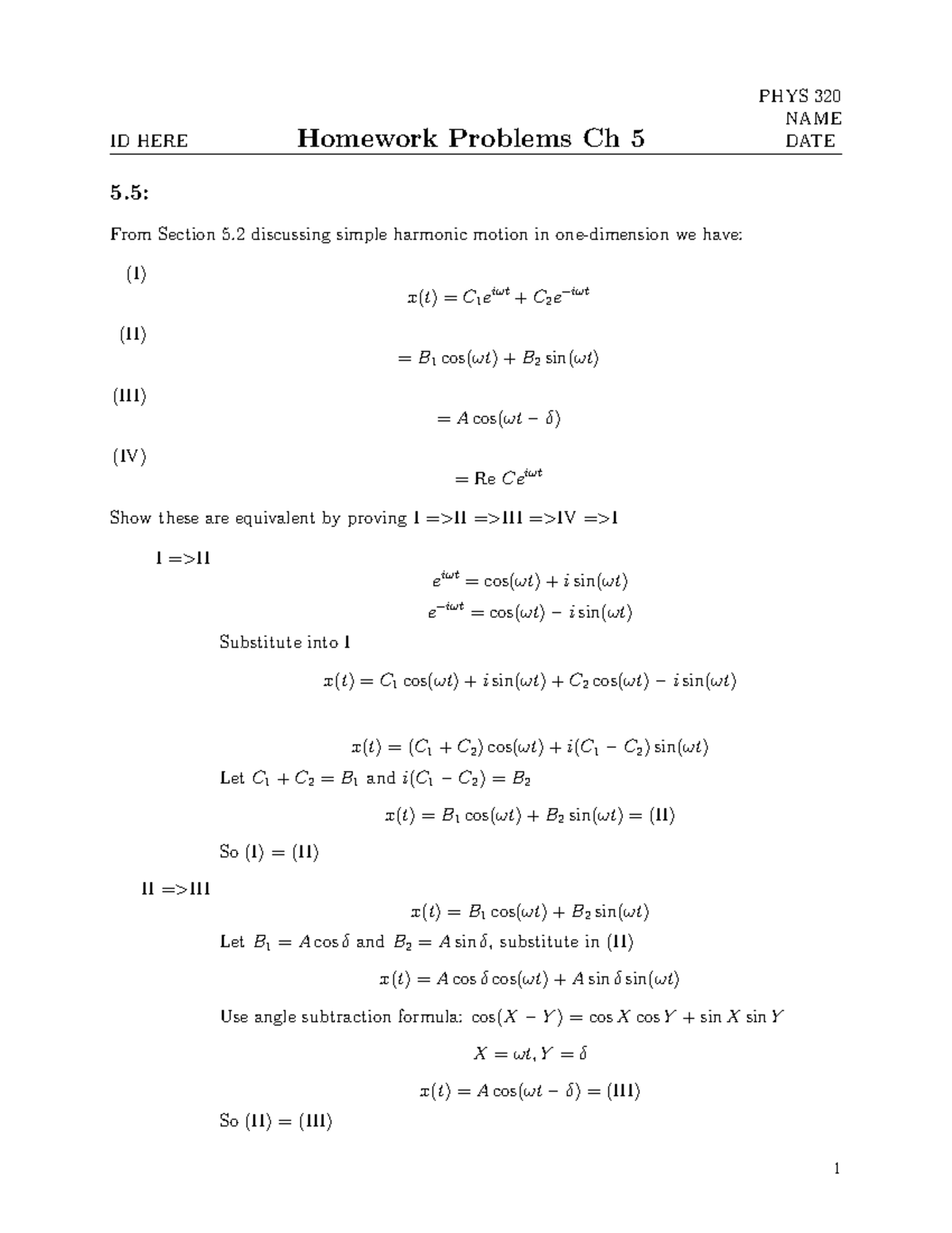 Phys 320 H5 - Chapter 5 solutions - ID HERE Homework Problems Ch 5 NAME ...