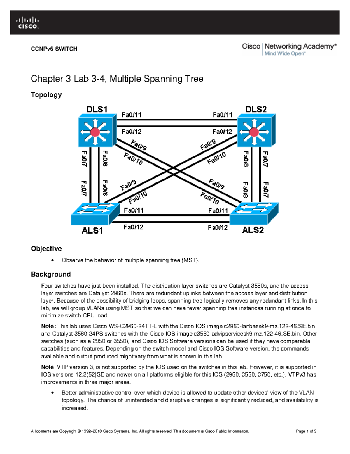 CCNPv 6 Switch Lab3-4 MST Student Form - Chapter 3 Lab 3-4, Multiple Spanning Tree Topology ...