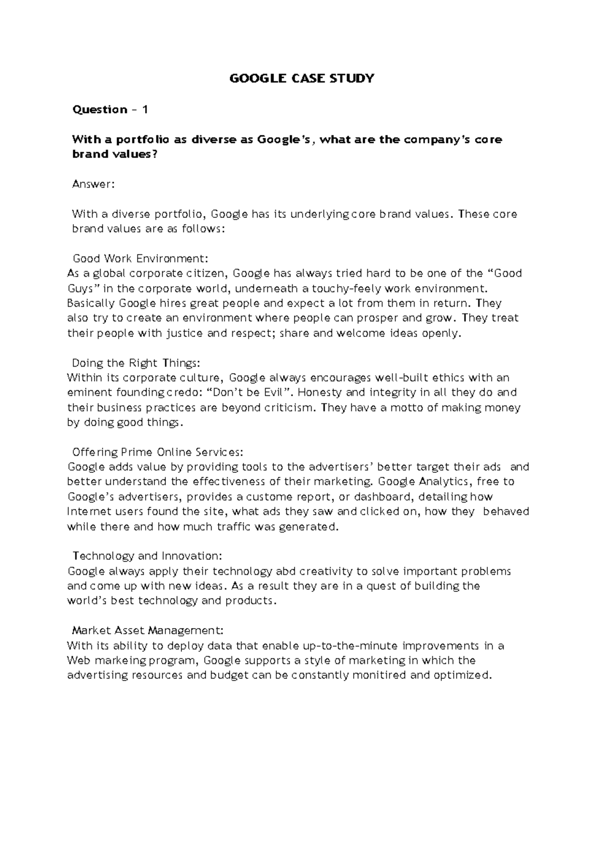 The answer for google - GOOGLE CASE STUDY Question – 1 With a portfolio ...