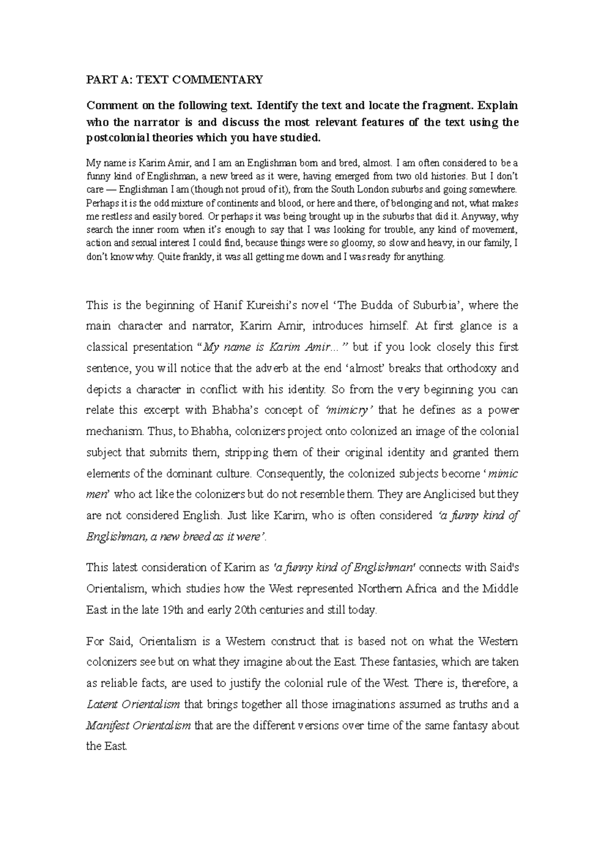 Part A Postcolonial - PART A: TEXT COMMENTARY Comment on the following ...