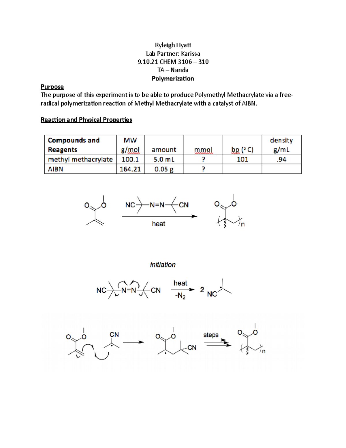 Organic Chemistry - Experiment 2 Pre-Lab - Ryleigh Hyat Lab Partner ...