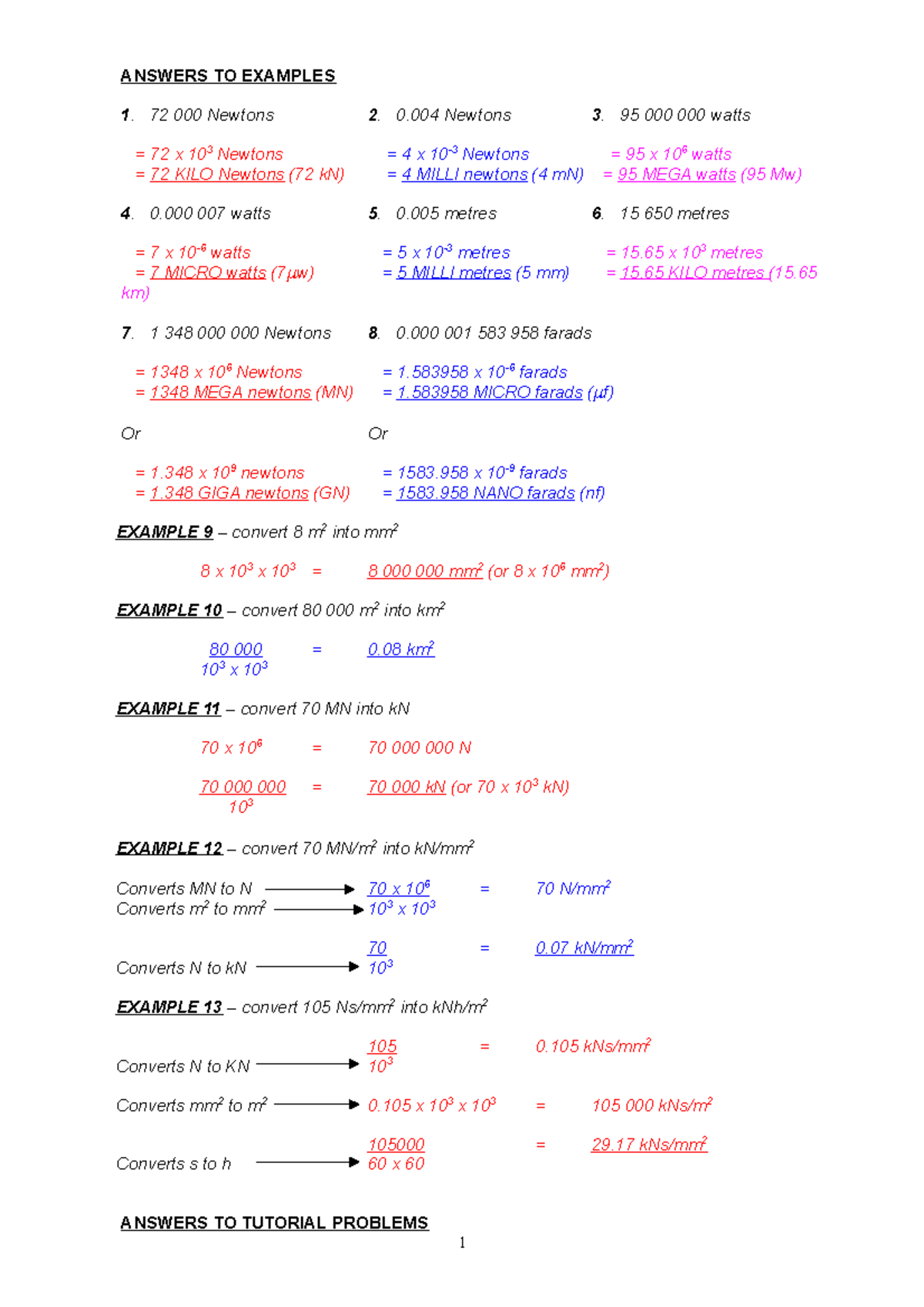 Introduction to SI Units Answers - ANSWERS TO EXAMPLES 1. 72 000 ...