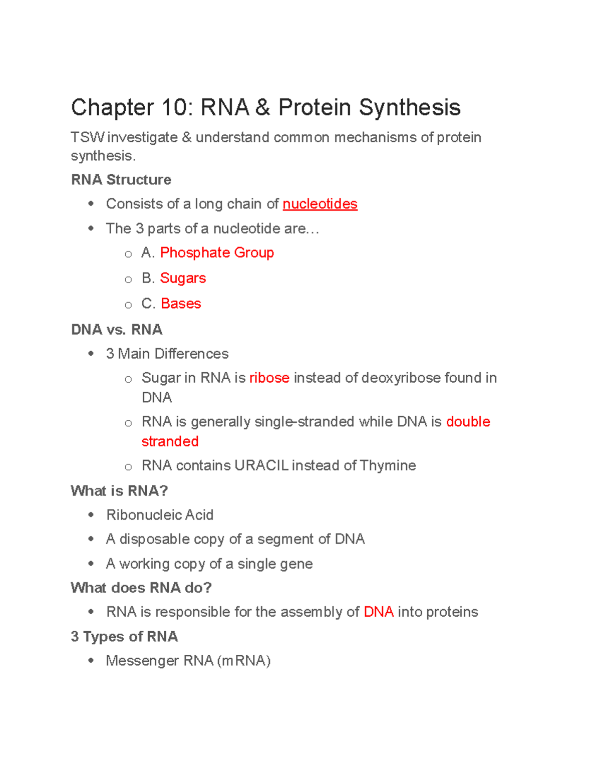Chapter 10 RNA Protien Synthesis - Chapter 10: RNA & Protein Synthesis ...