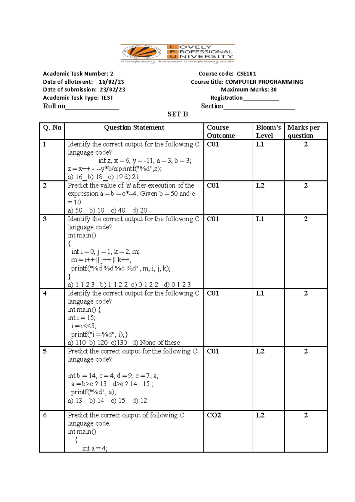 Ca2setb C Programming Ca2 Questions With Answer Academic Task Number 2 Course Code Cse