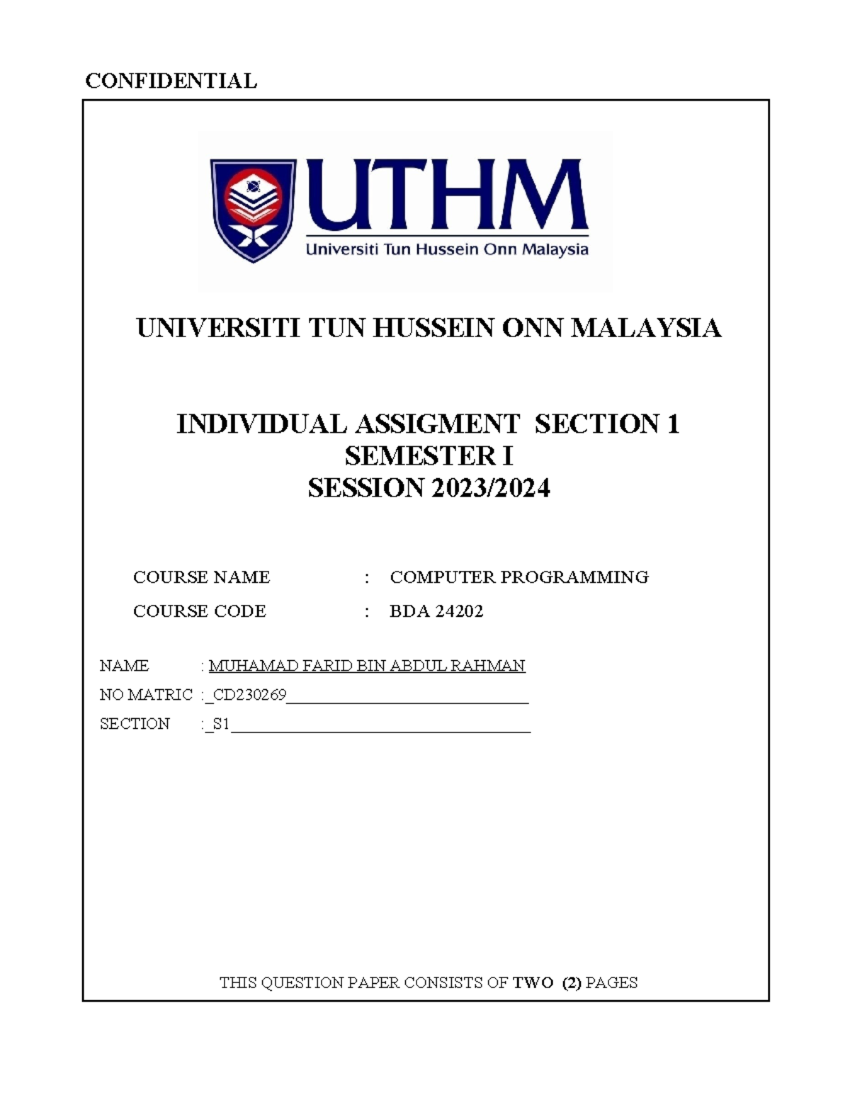Individual Assigment with answer - UNIVERSITI TUN HUSSEIN ONN MALAYSIA INDIVIDUAL ASSIGMENT ...