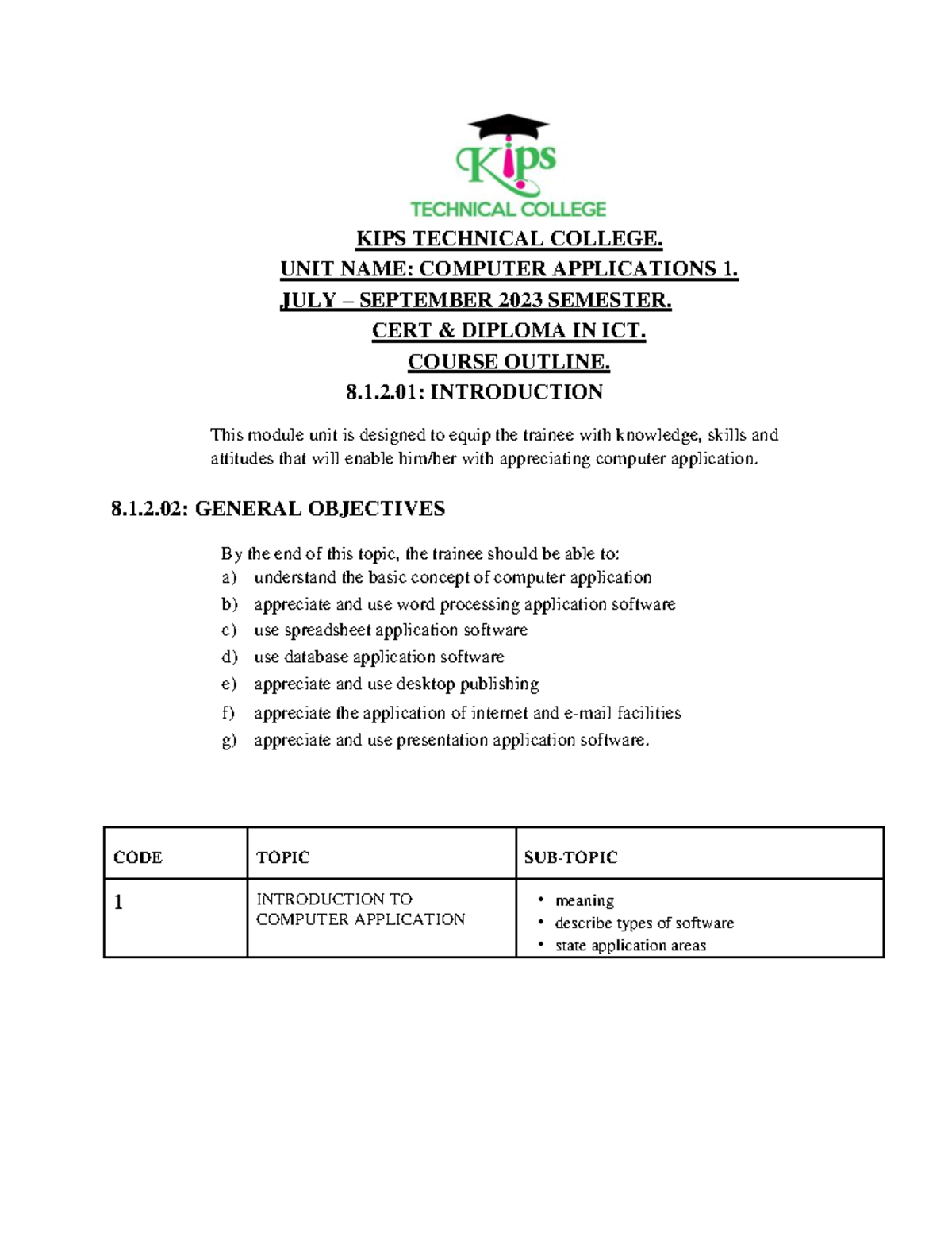 Computer Application I Sylubus - KIPS TECHNICAL COLLEGE. UNIT NAME ...