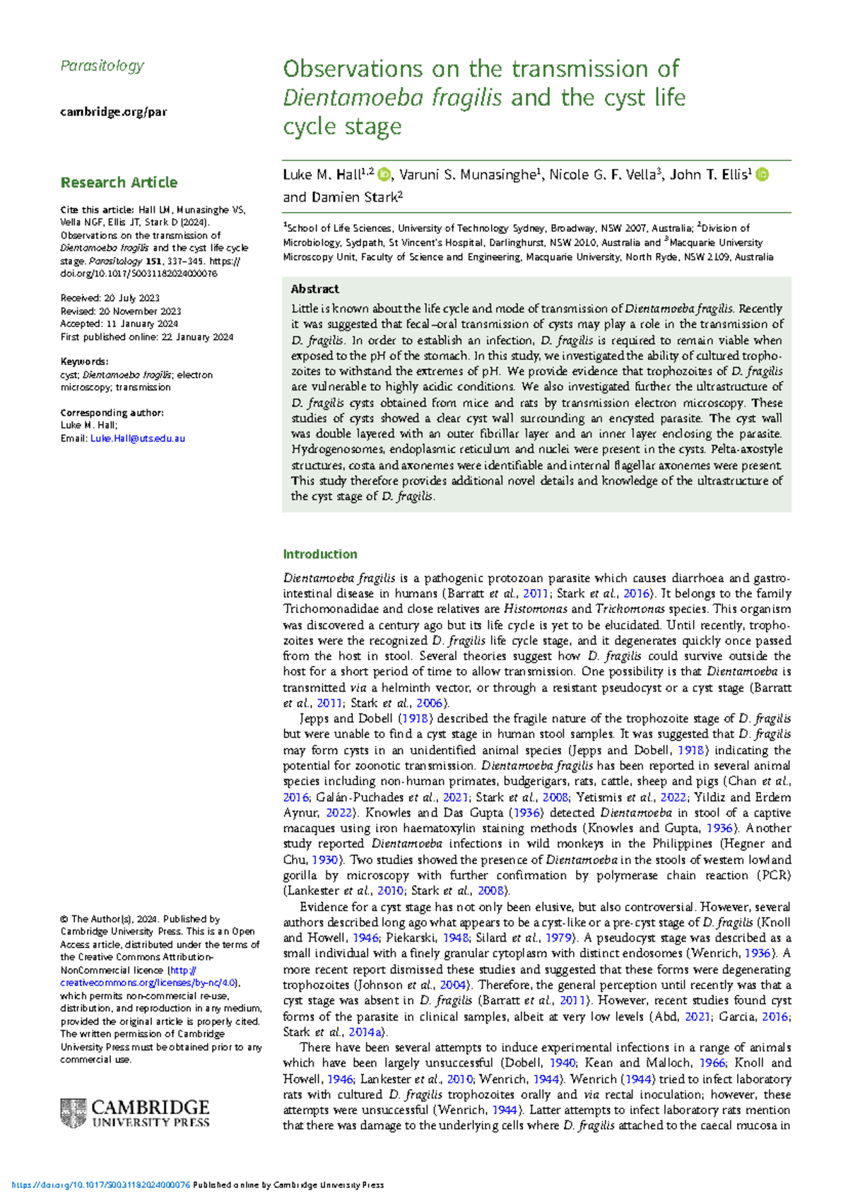 Observations on the transmission of dientamoeba fragilis and the cyst ...