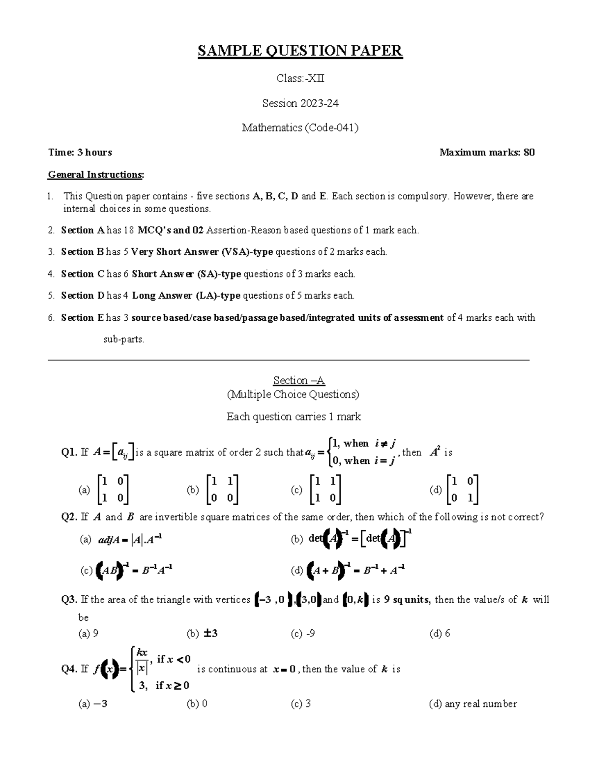 Mathematics Sample Question Paper 23-24 - Page 1 of 7 ####### SAMPLE ...