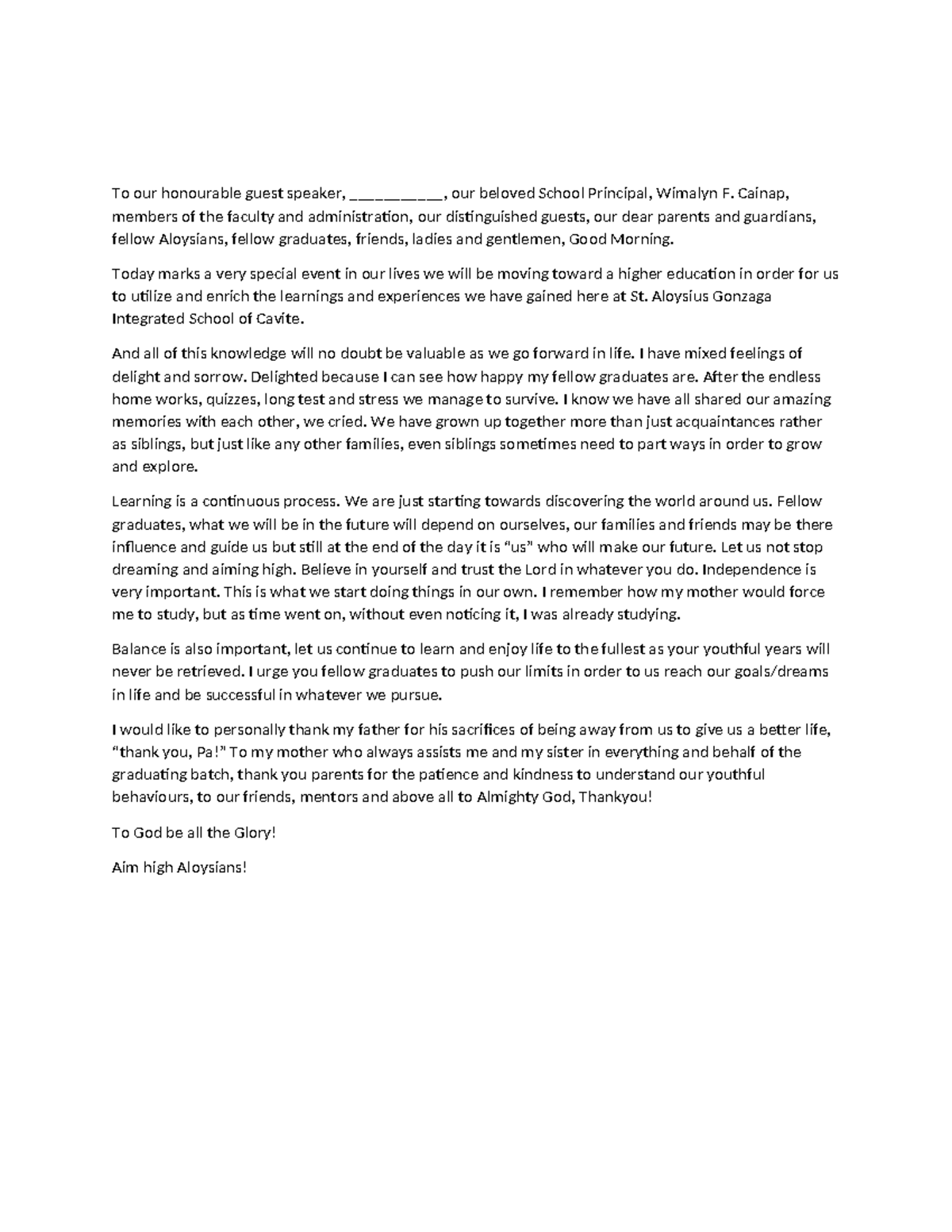 Speech - To our honourable guest speaker, ___________, our beloved ...