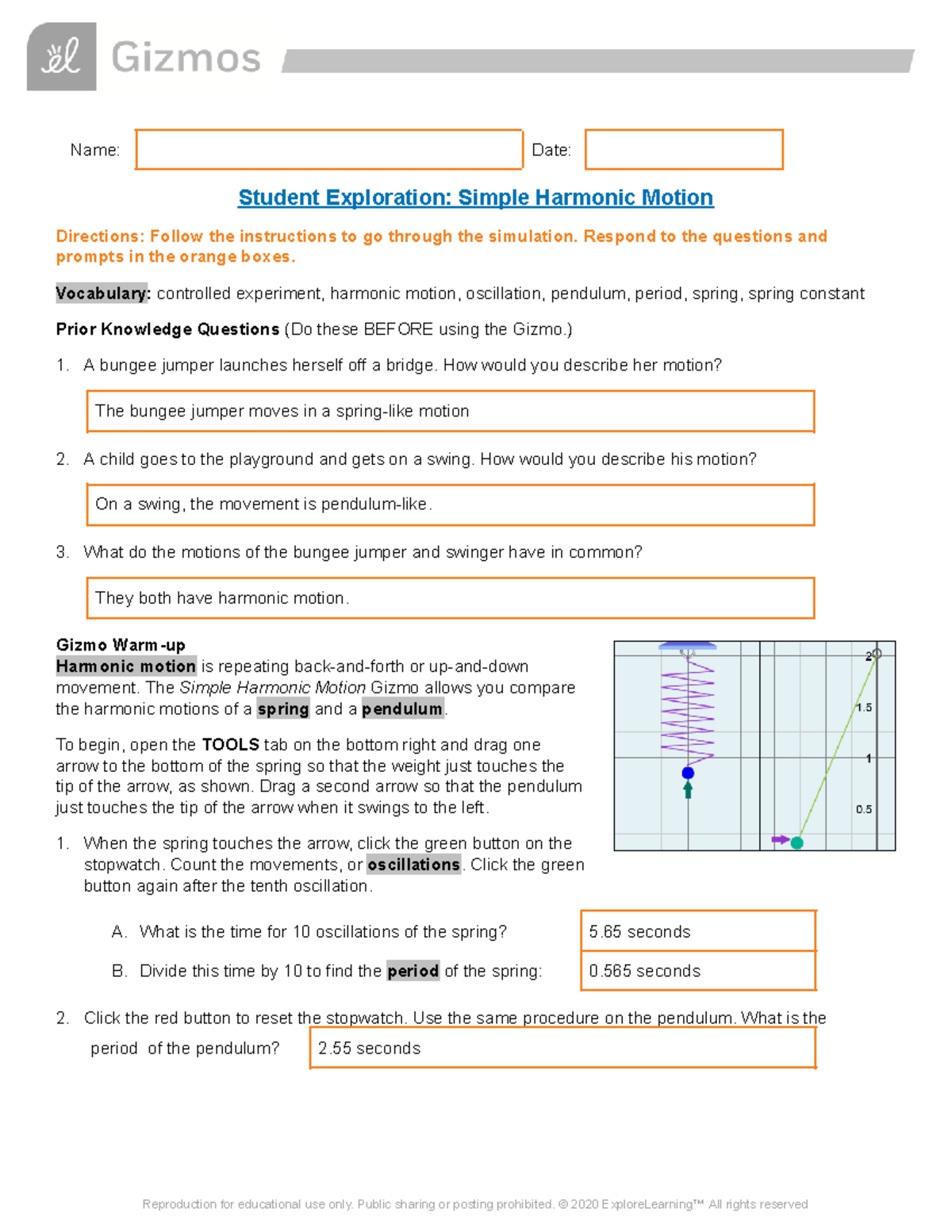 Copy of Simple Harmonic Motion SE - Name: Date: Student Exploration: Simple Harmonic Motion ...