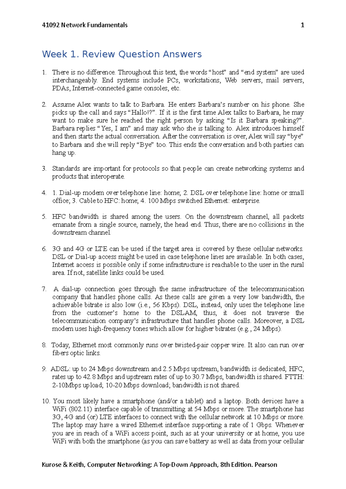 Week1-Review Question Answer - 41092 Network Fundamentals Week 1. Review Question Answers There ...