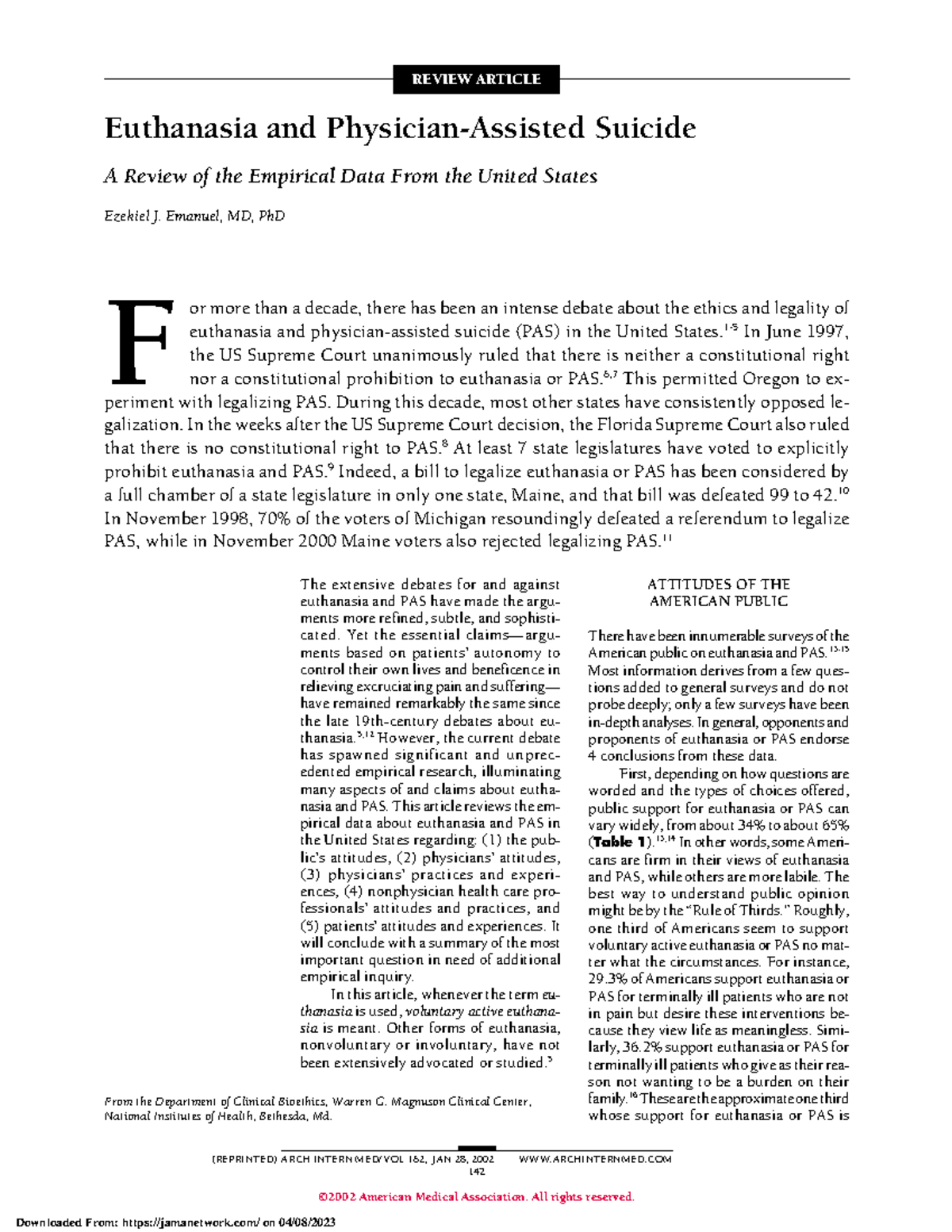 Ira10015 - unit 14 - Euthanasia and Physician-Assisted Suicide A Review of the Empirical Data ...