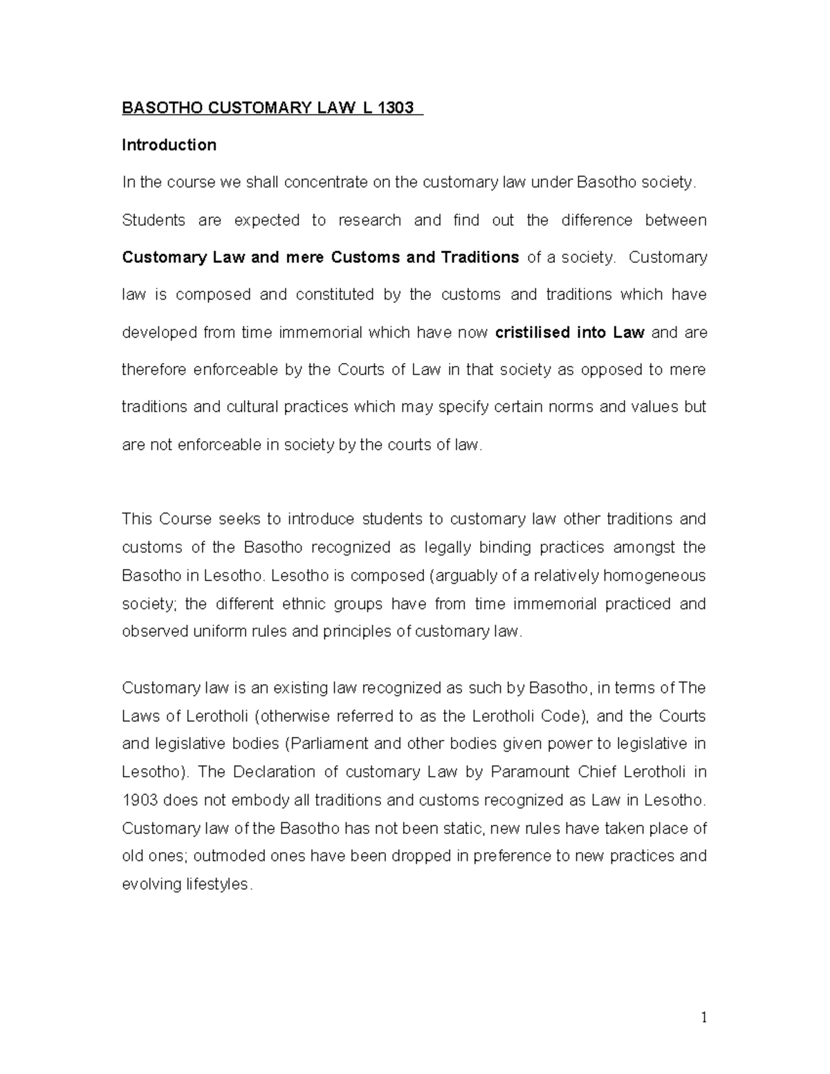 Customay law notes 2020 -2021 abridged - BASOTHO CUSTOMARY LAW L 1303 ...