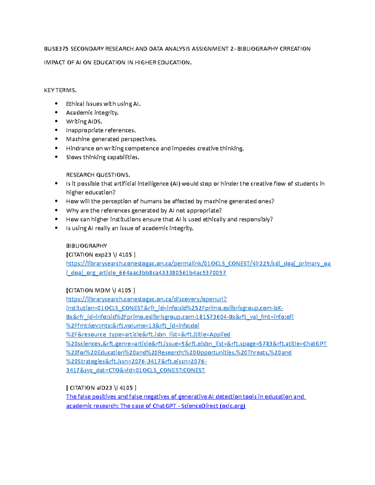 Business Research Bibiliography - BUS8375 SECONDARY RESEARCH AND DATA ANALYSIS ASSIGNMENT 2 ...