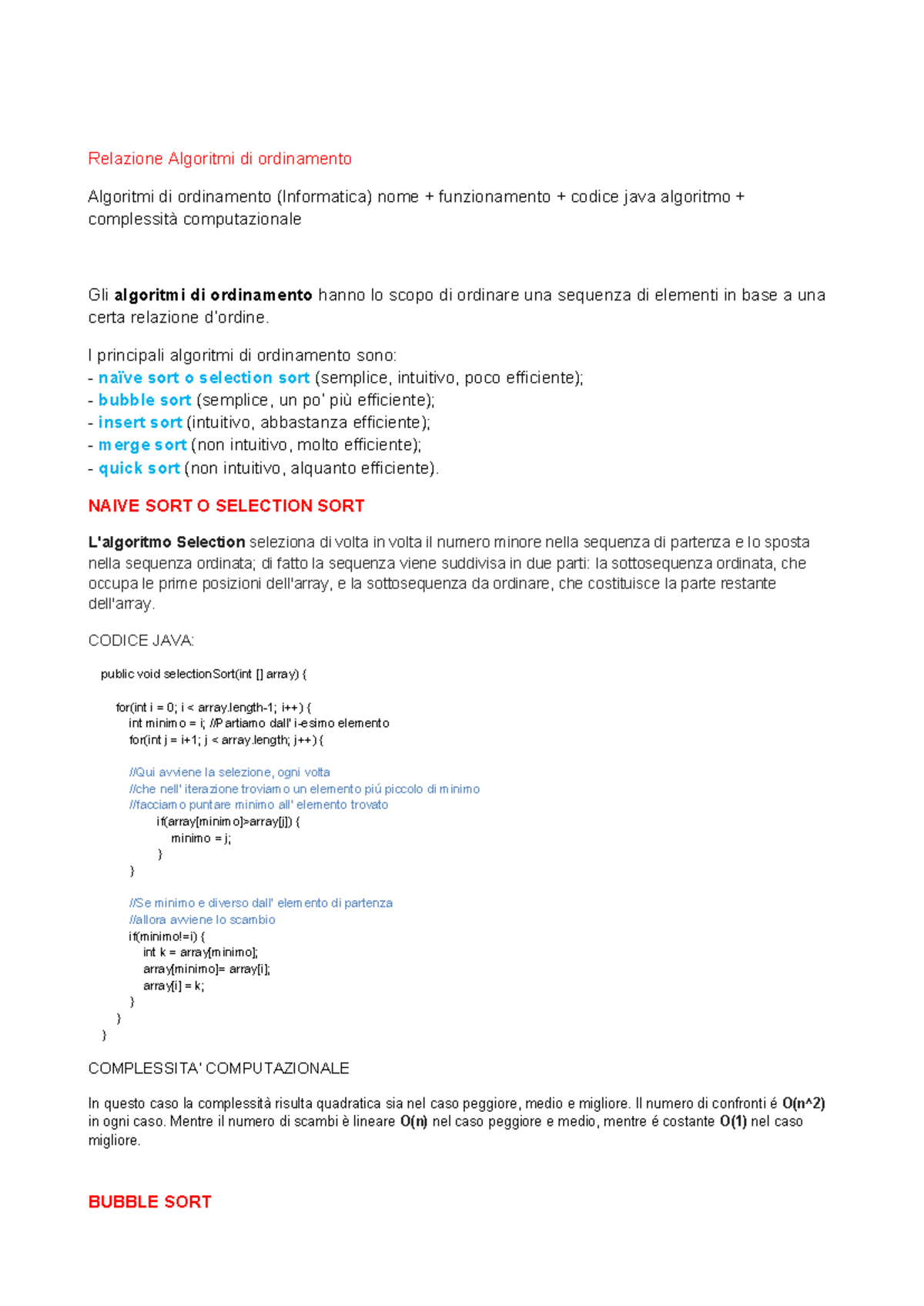Relazione degli Algoritmi di Ordinamento - Informatica - Relazione ...