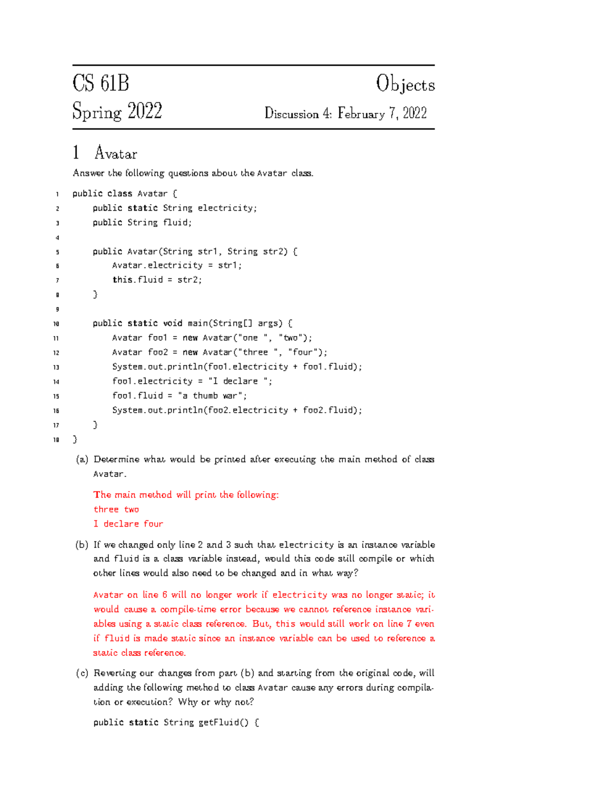 Discussion 4sol - CS 61B Spring 2022 Objects Discussion 4: February 7, 2022 1 Avatar Answer the ...