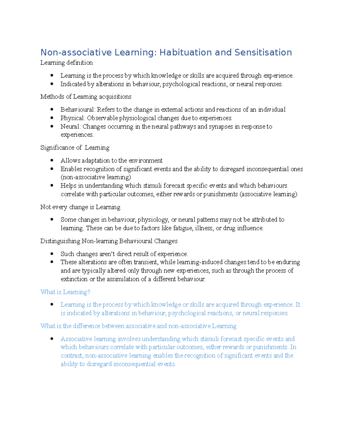 Biopsychology - Week 1-3 notes - Non-associative Learning: Habituation ...