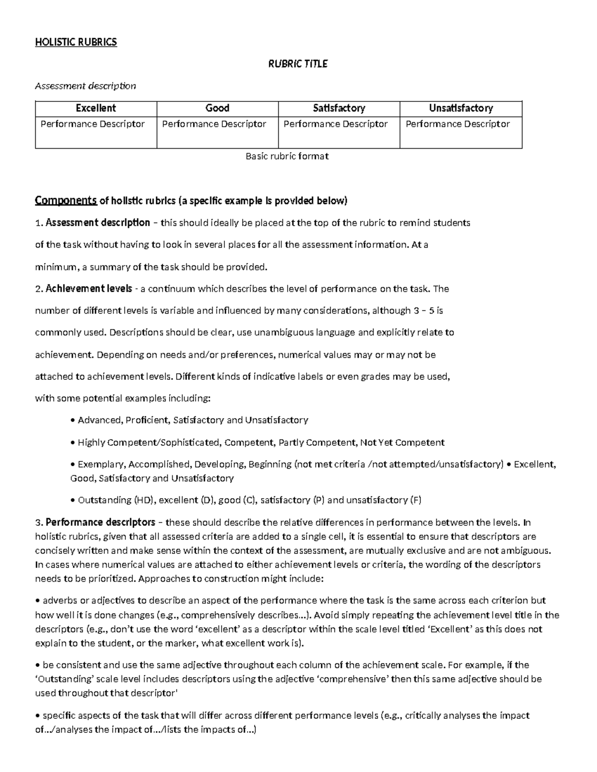 Holistic and analytic rubrics - HOLISTIC RUBRICS RUBRIC TITLE ...