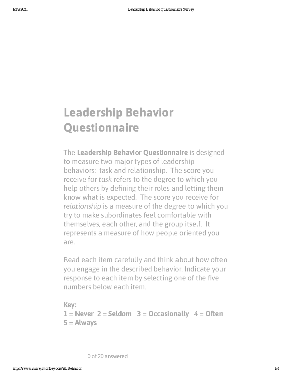 Leadership Behavior Questionnaire Survey - Leadership Behavior ...