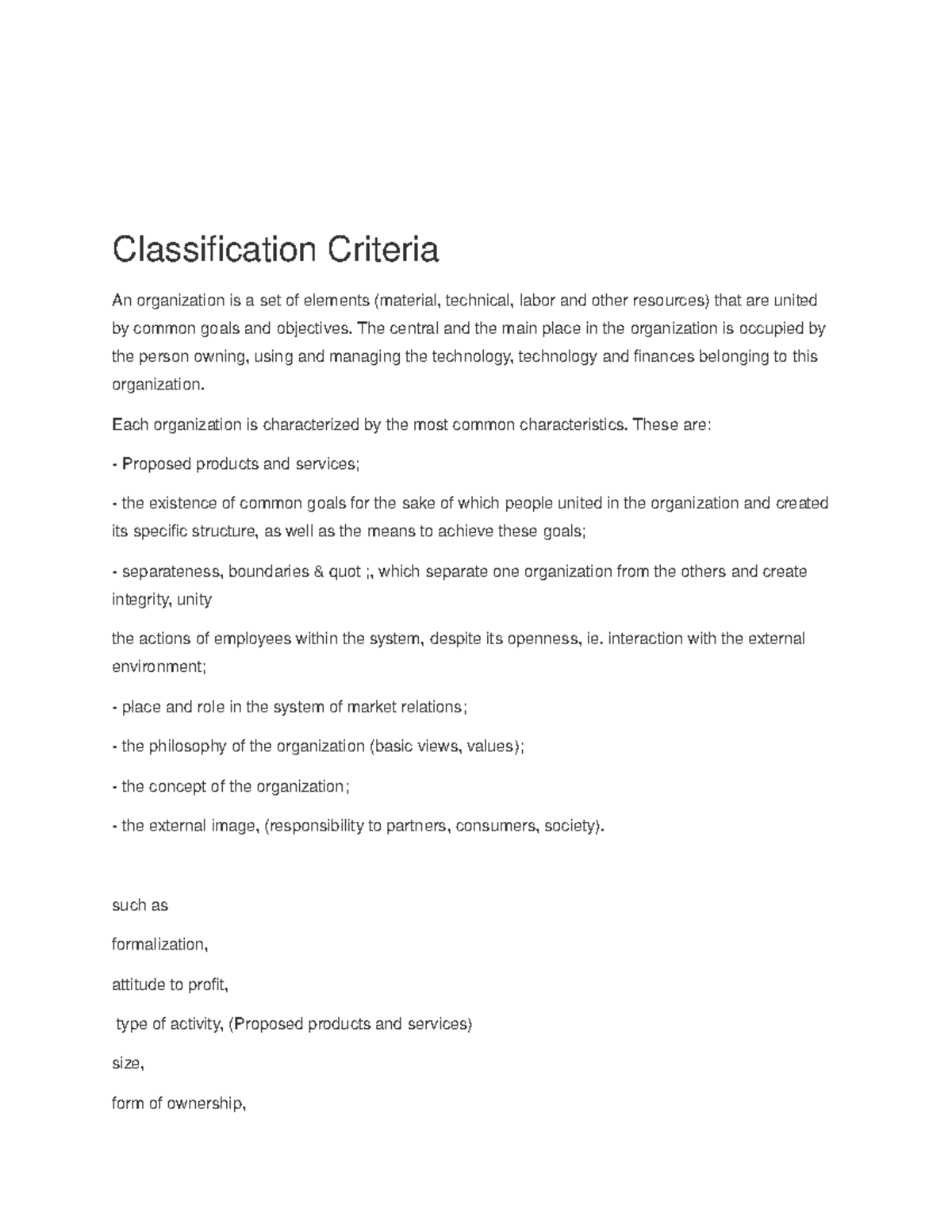 Classification Criteria - The central and the main place in the ...