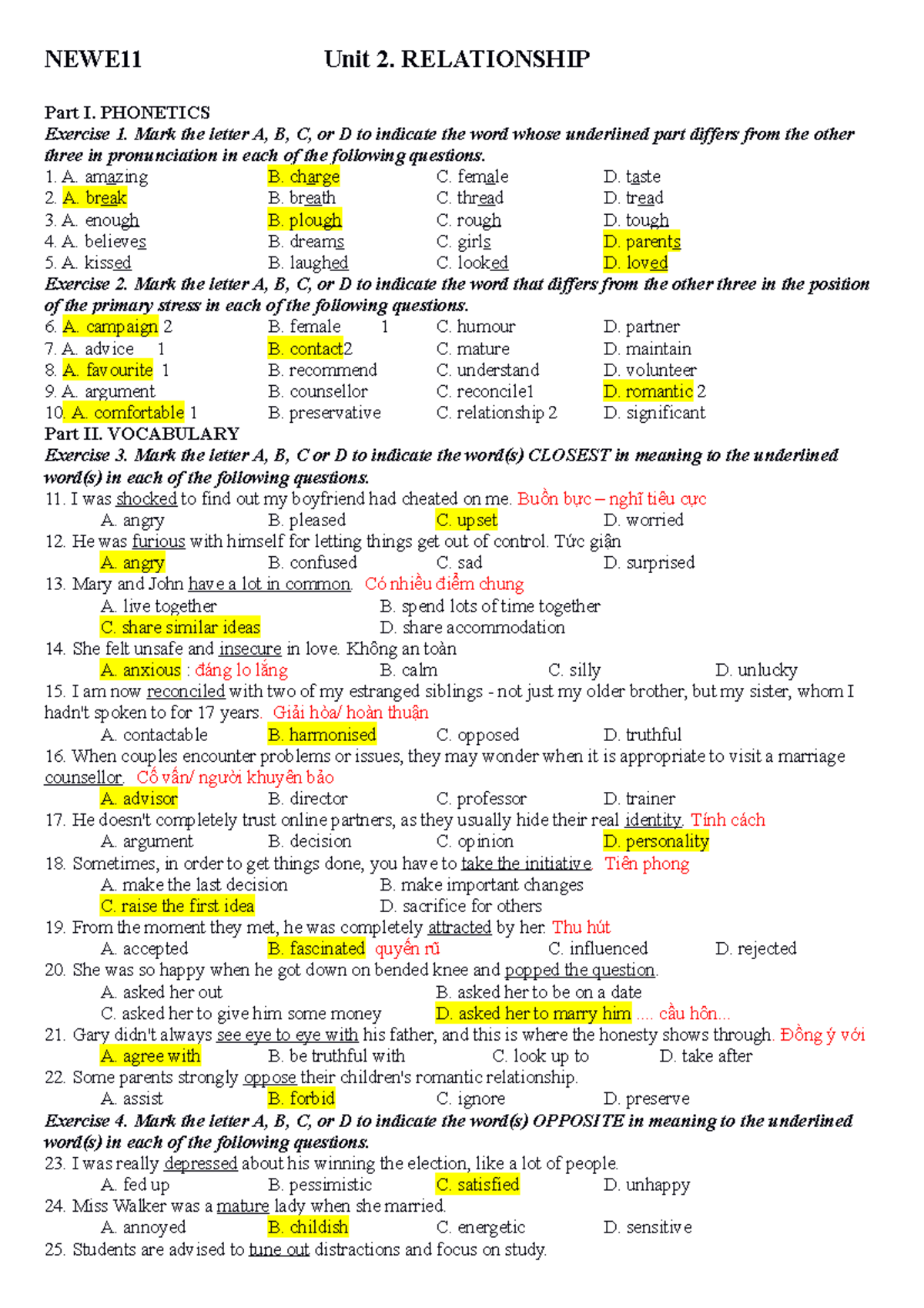 Unit2Min Min - bài tập thực hành - NEWE11 Unit 2. RELATIONSHIP Part I. PHONETICS Exercise 1 ...
