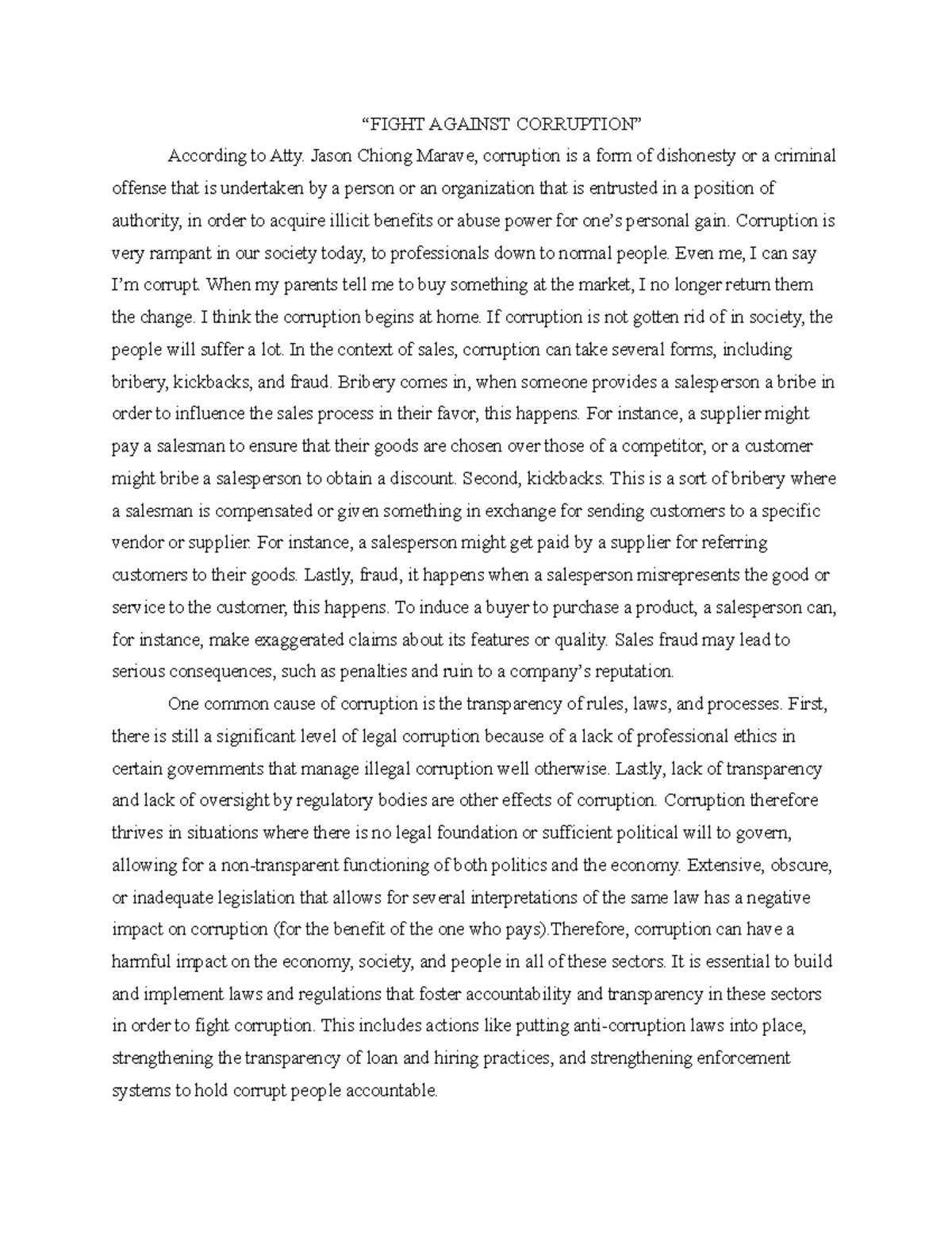 Reflection paper - fghjklhgv asdfghjk - “FIGHT AGAINST CORRUPTION” According to Atty. Jason ...