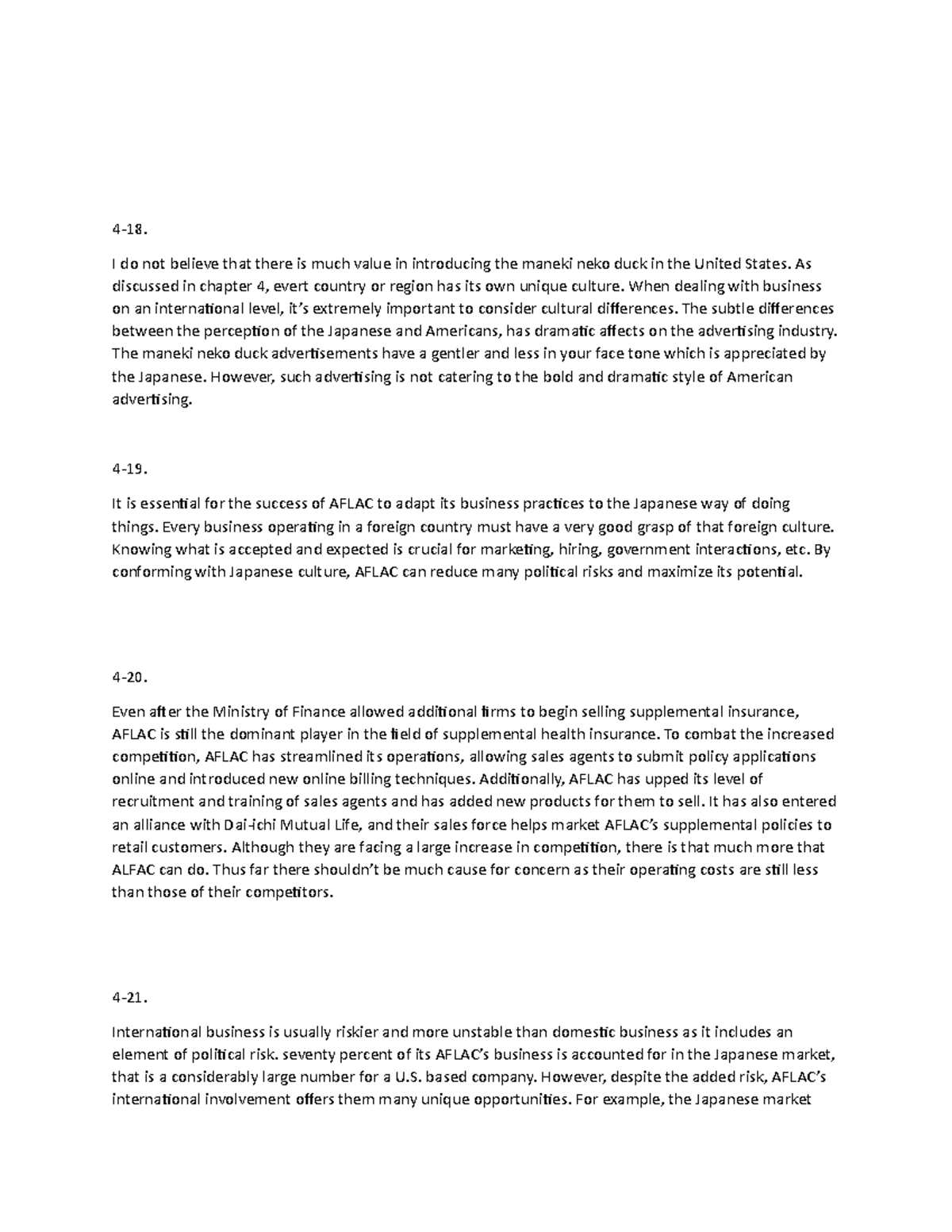 Case questions #2 - Case question answers - 4-18. I do not believe that ...