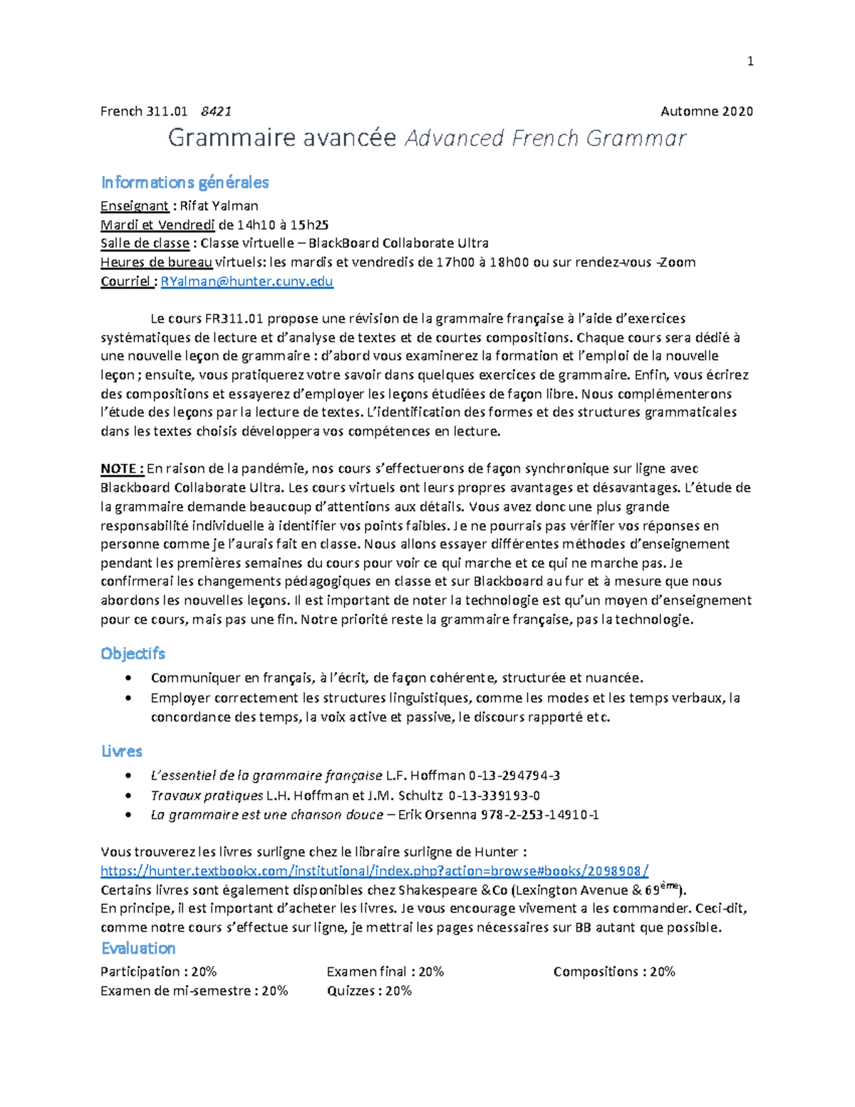 FR311 Automne 2020 Syllabus - French 311 8421 Automne 20 20 Grammaire ...