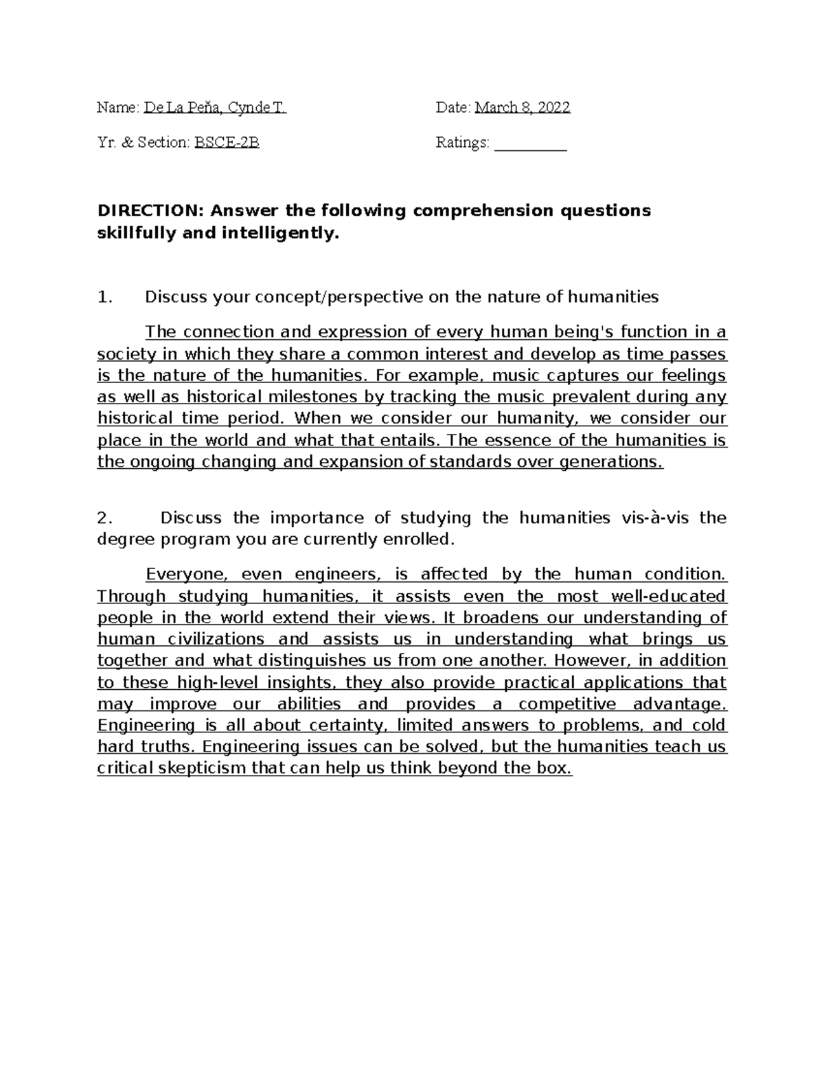 Assignment #2 - Connection of humanities. - Name: De La Peňa, Cynde T ...