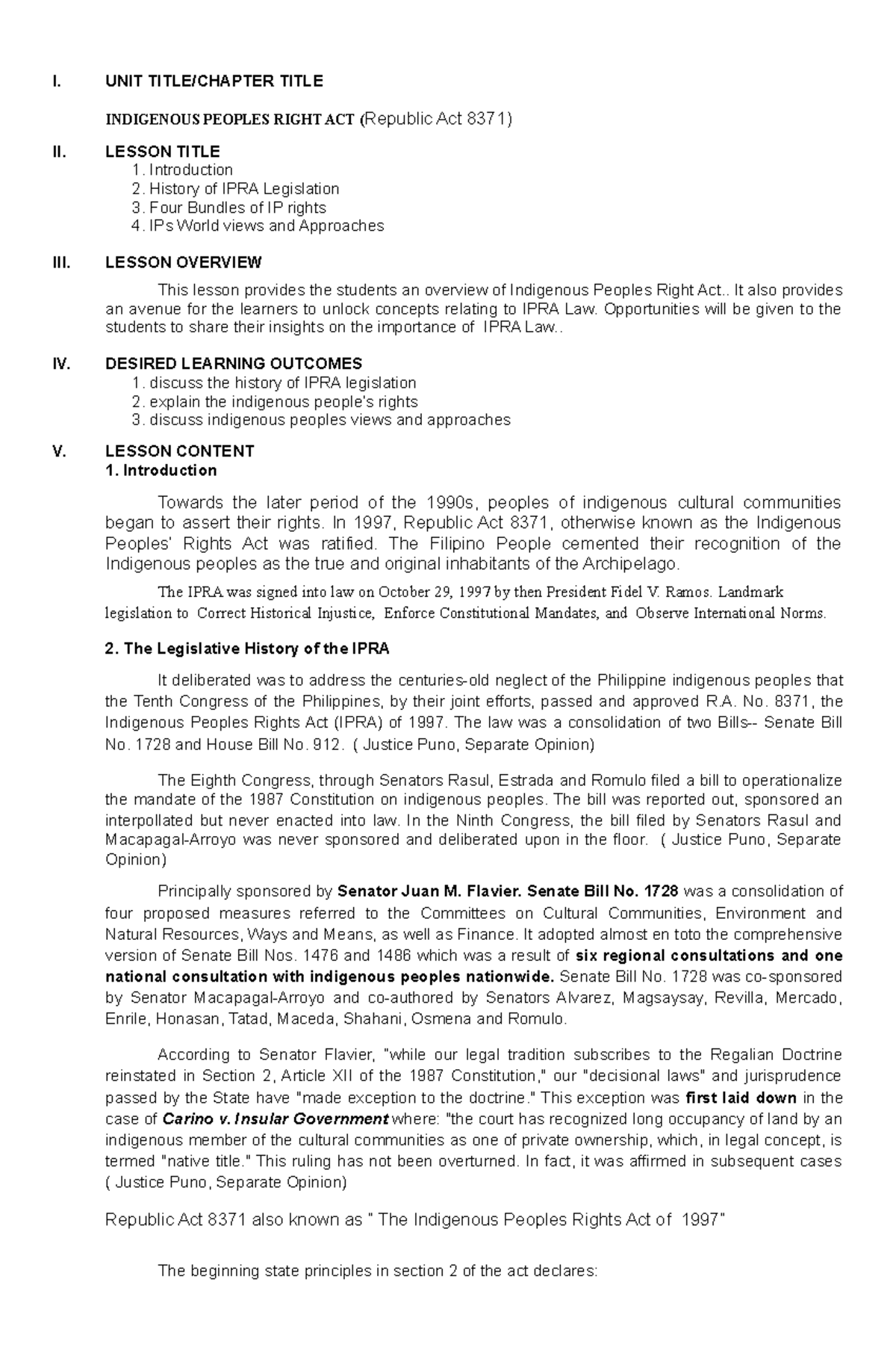 PIC Module 3 IPRA - for your reference - I. UNIT TITLE/CHAPTER TITLE ...