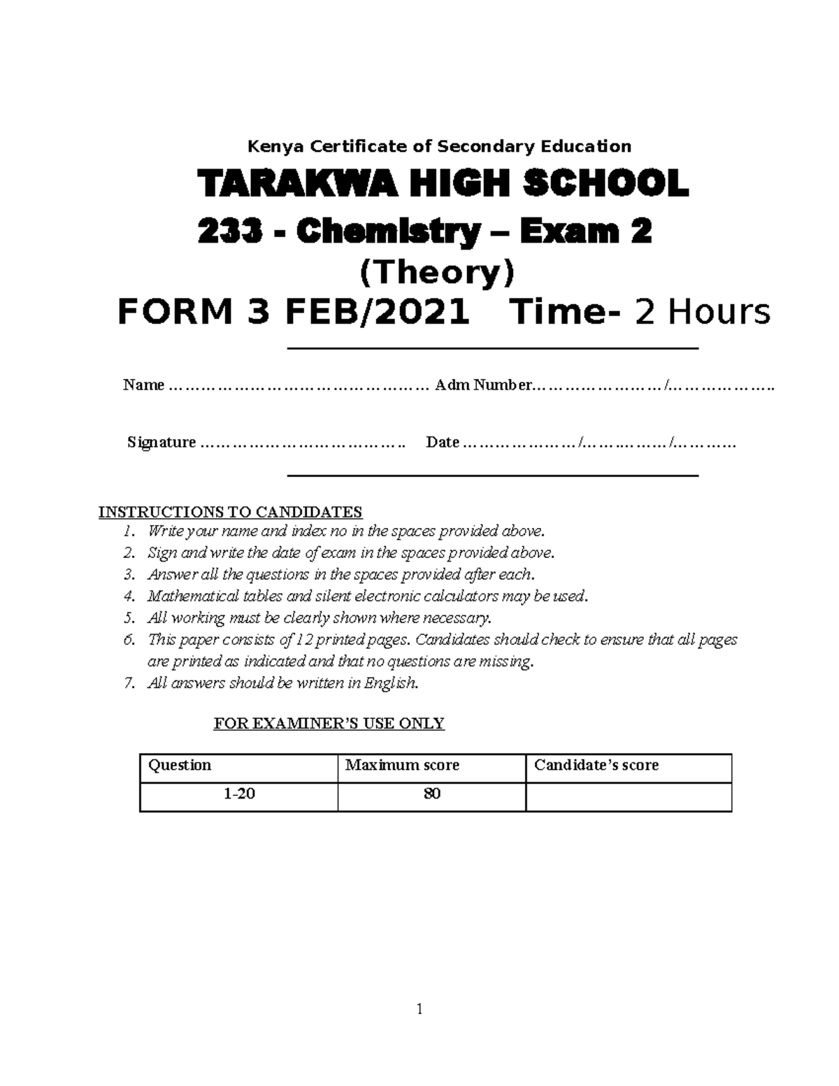 F3 CHEM EXAM 2 - Kenya Certificate of Secondary Education TARAKWA HIGH ...