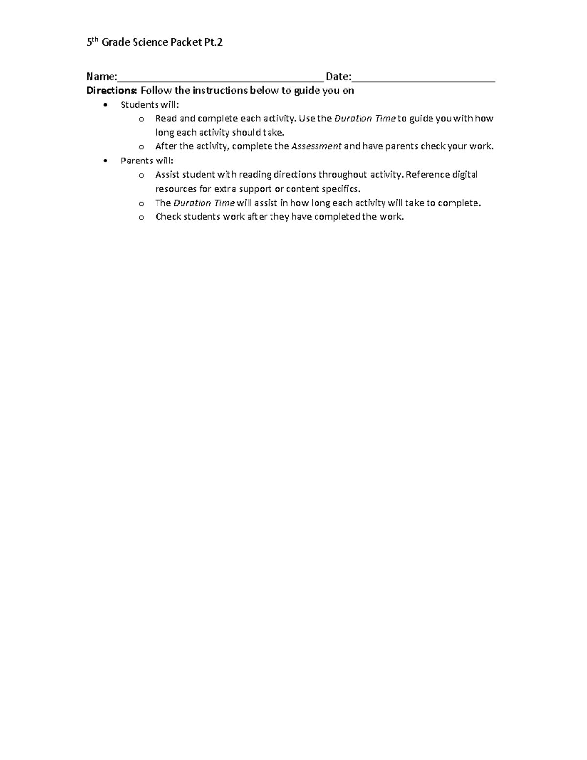 5th Grade Science - Sample work packet - Name ...