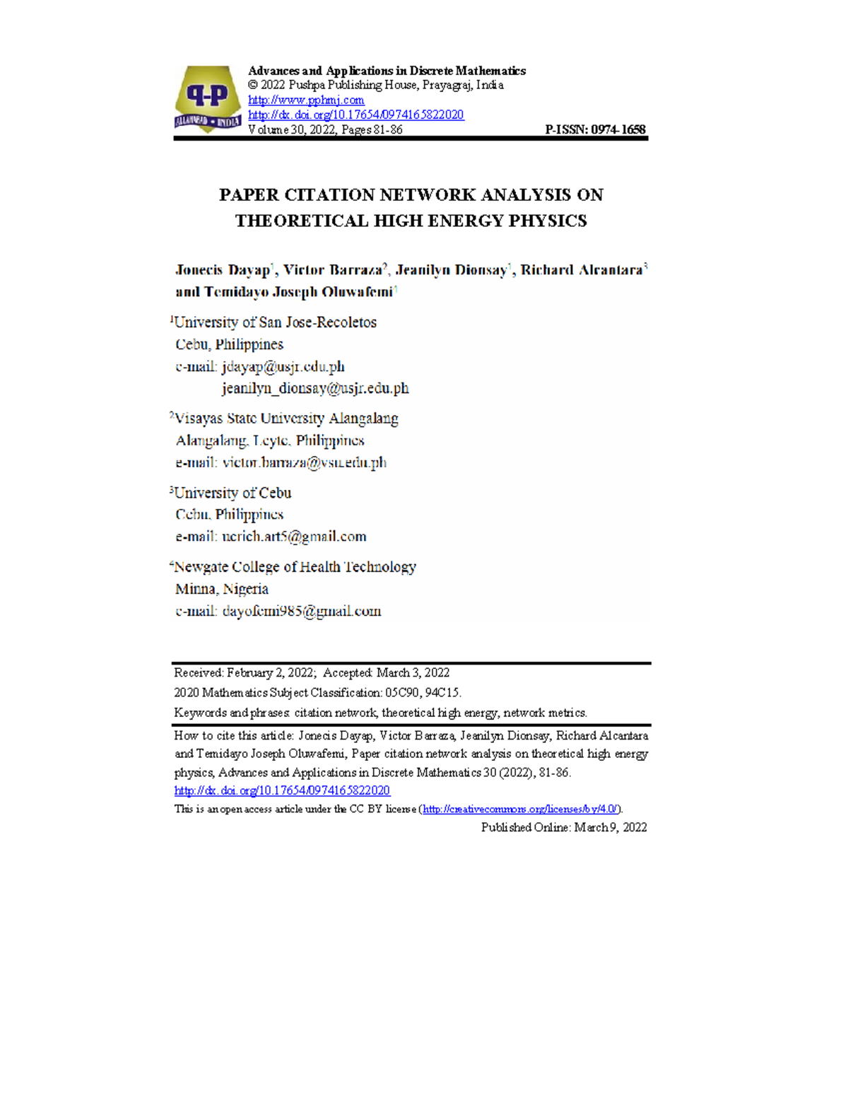 Paper Citation Network Analysis on Theor - Advances and Applications in ...