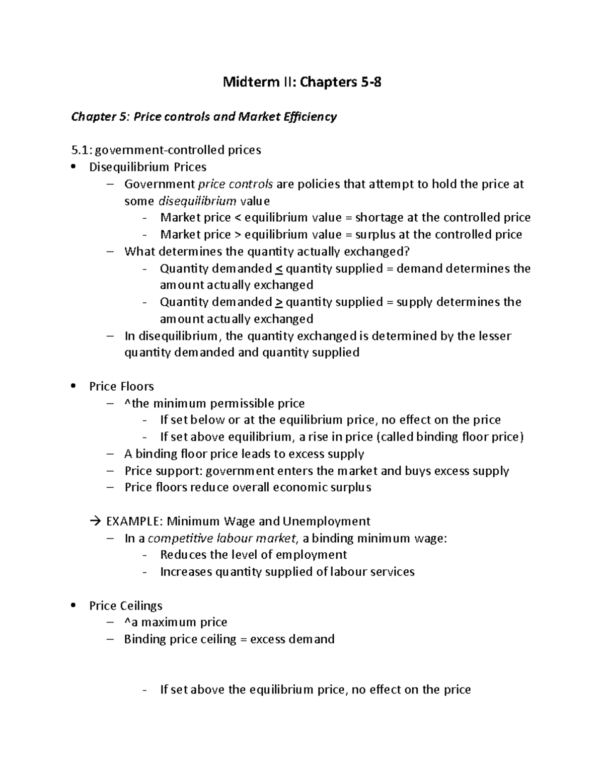 Midterm II Review - Midterm II: Chapters 5- Chapter 5: Price controls and Market Efficiency 5 ...
