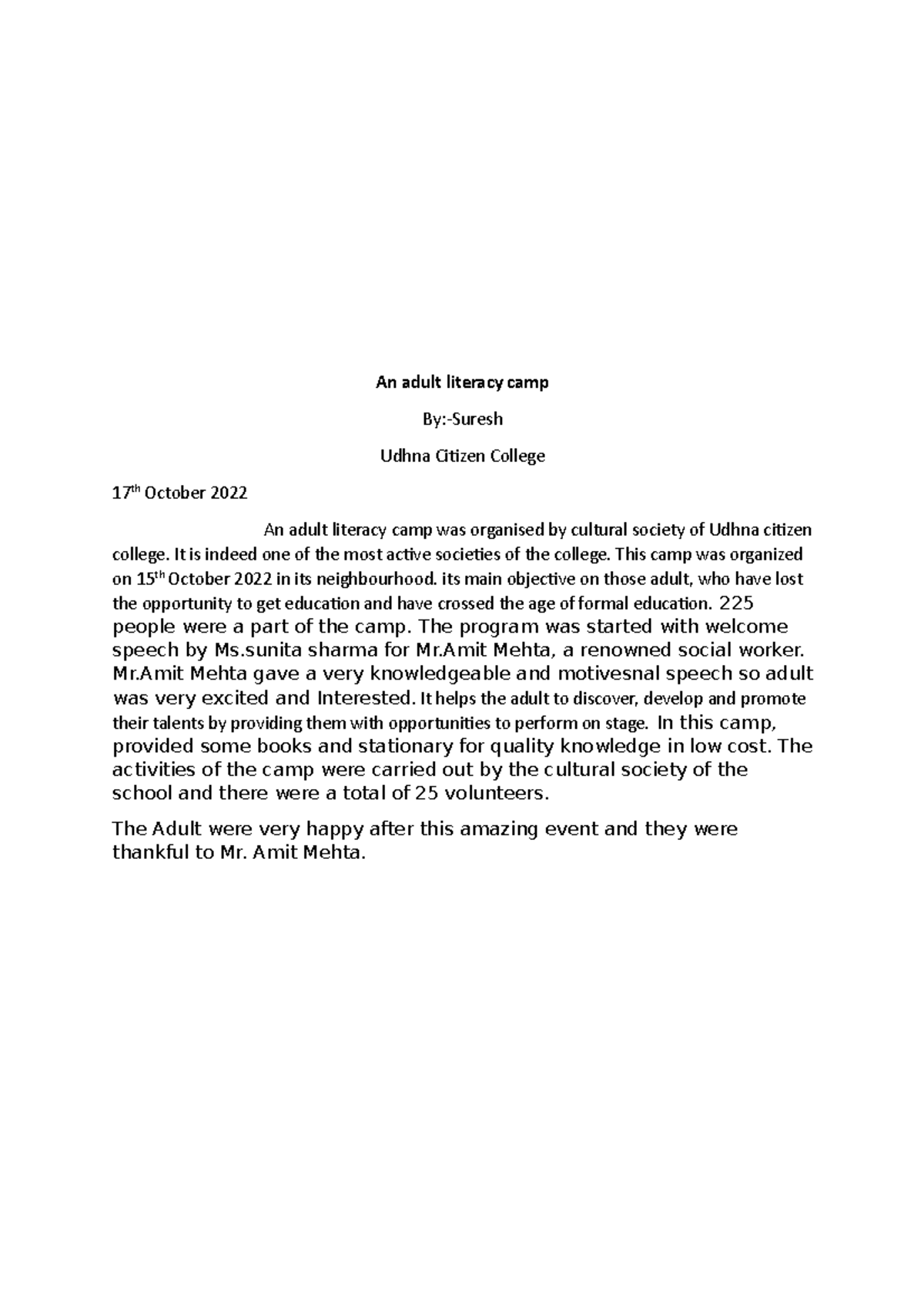 Report writing - An adult literacy camp By:-Suresh Udhna Citizen ...