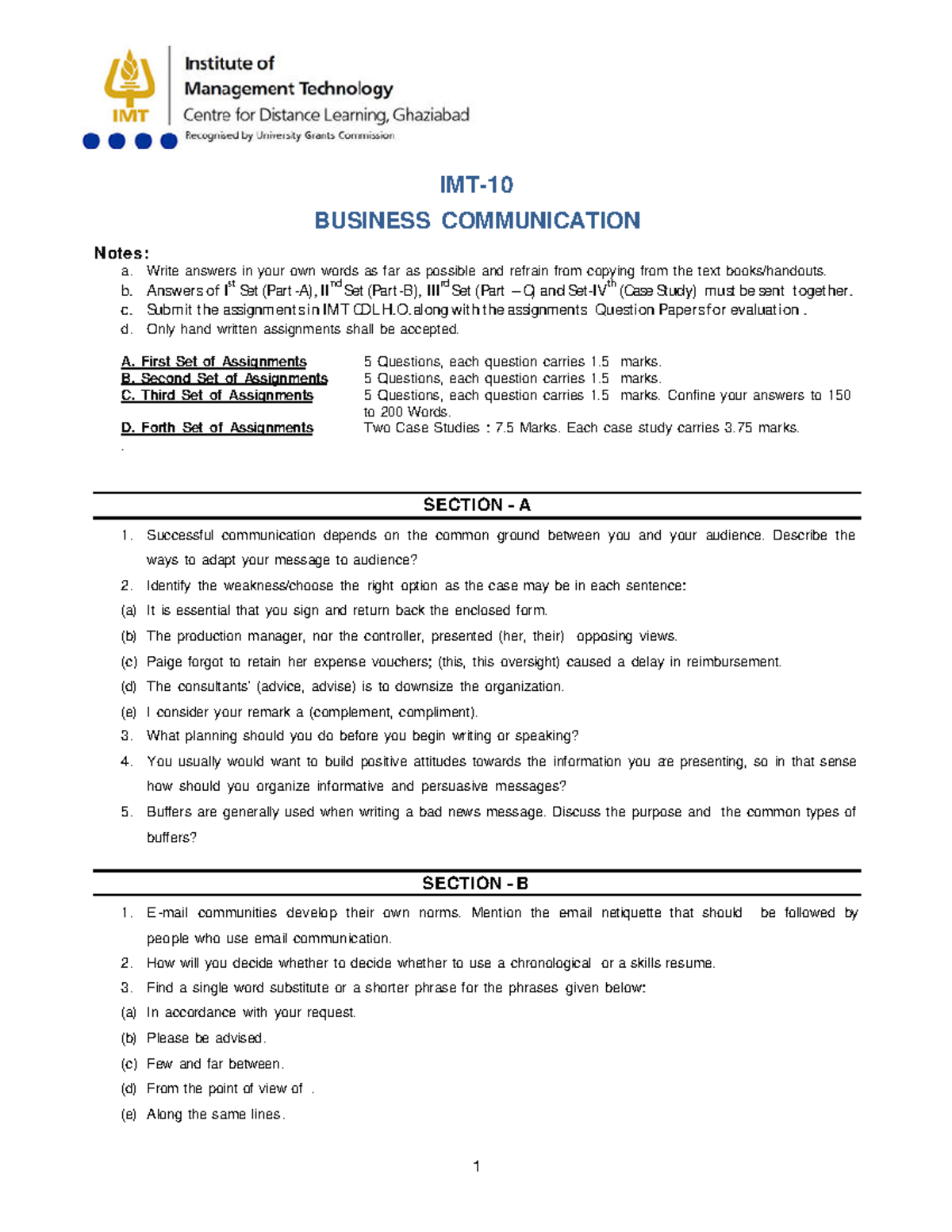 IMT-10 - Hi this is sample - 1 IMT- BUSINESS COMMUNICATION Notes: a ...
