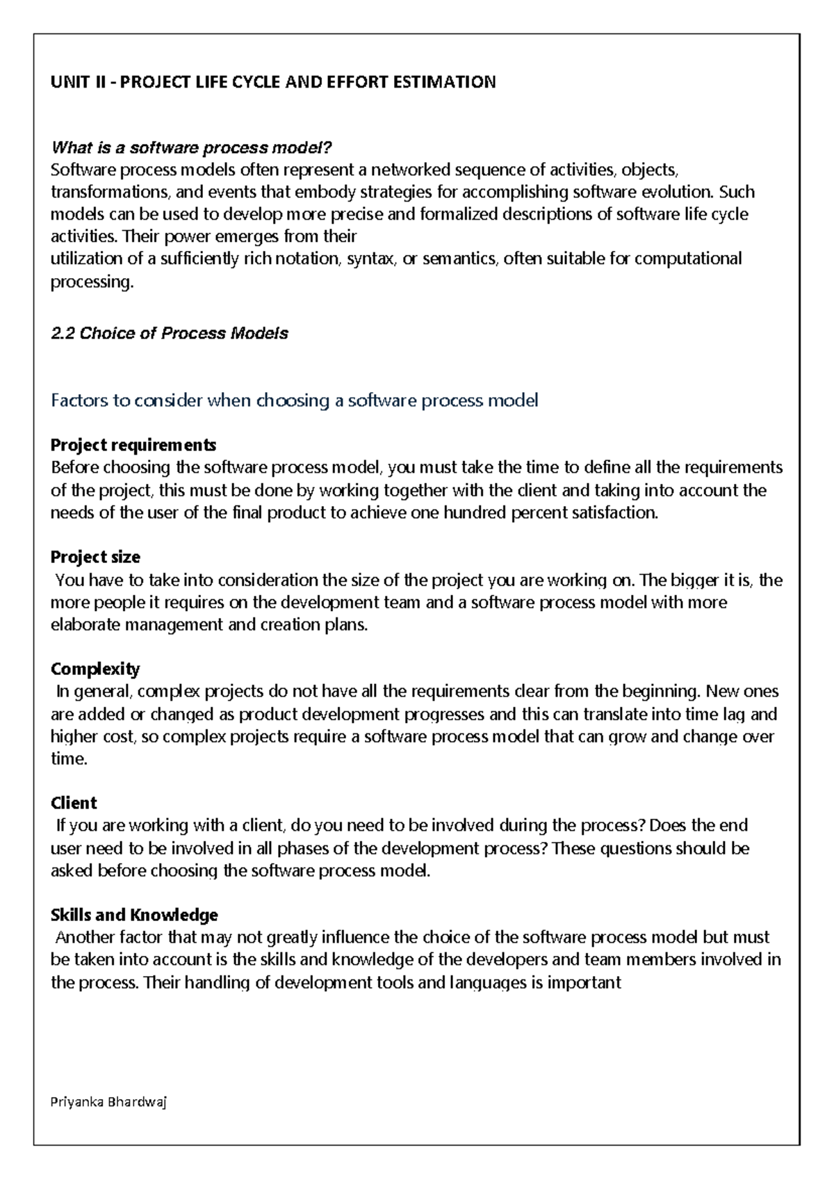 Full UNIT 2 - UNIT II - PROJECT LIFE CYCLE AND EFFORT ESTIMATION What is a software process ...