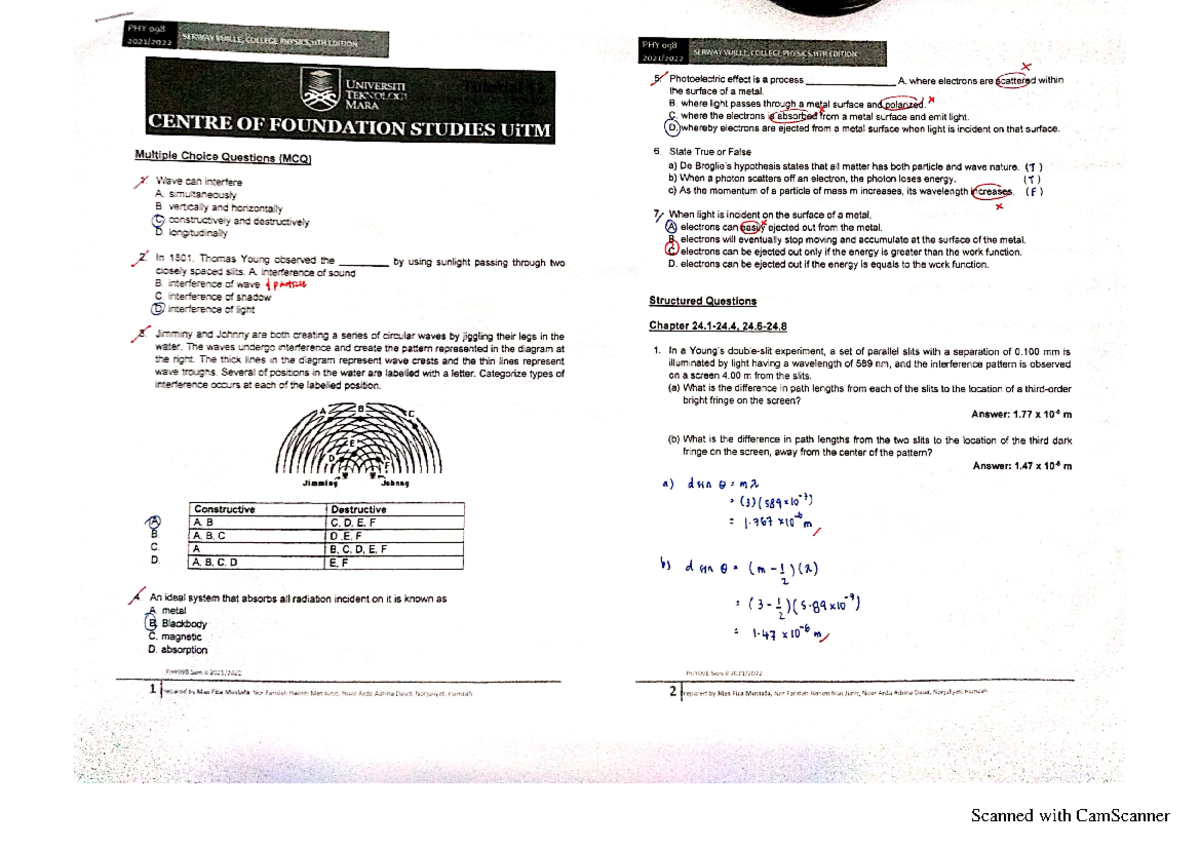 Tutorial physics 12 - tuto 12 phy098 - Multiple Choice Questions (MCQ) a can interfere A - Studocu