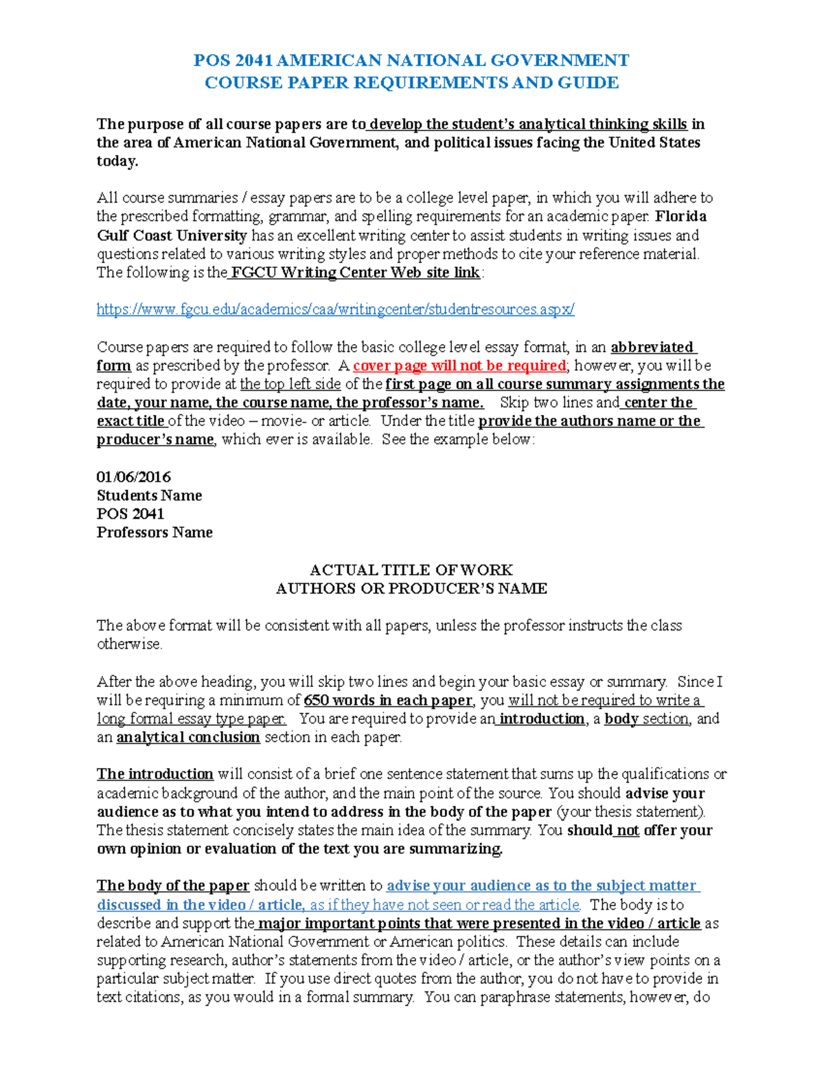 Amer. Nat. Gov. Summary Rubric 2020-2 - POS 2041 AMERICAN NATIONAL ...