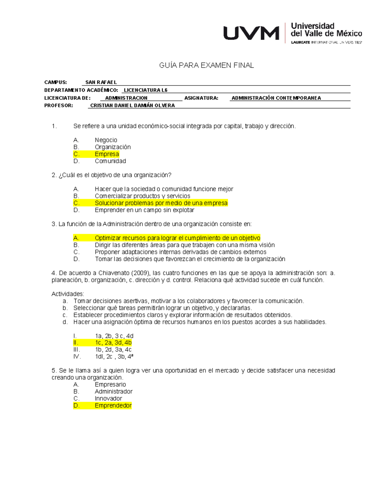 GUIA DE Estudio Examen Final 2 - GUÍA PARA EXAMEN FINAL CAMPUS: SAN RAFAEL DEPARTAMENTO ...