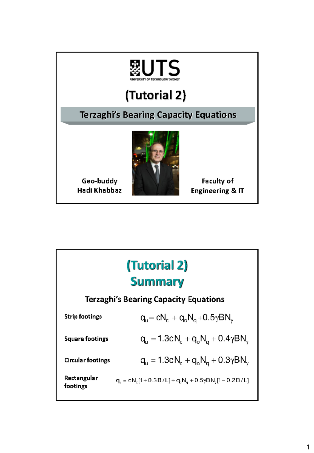 Tut 2-21s - tutorial papers for 2021 spring session material - Terzaghi’sBearing Capacity ...