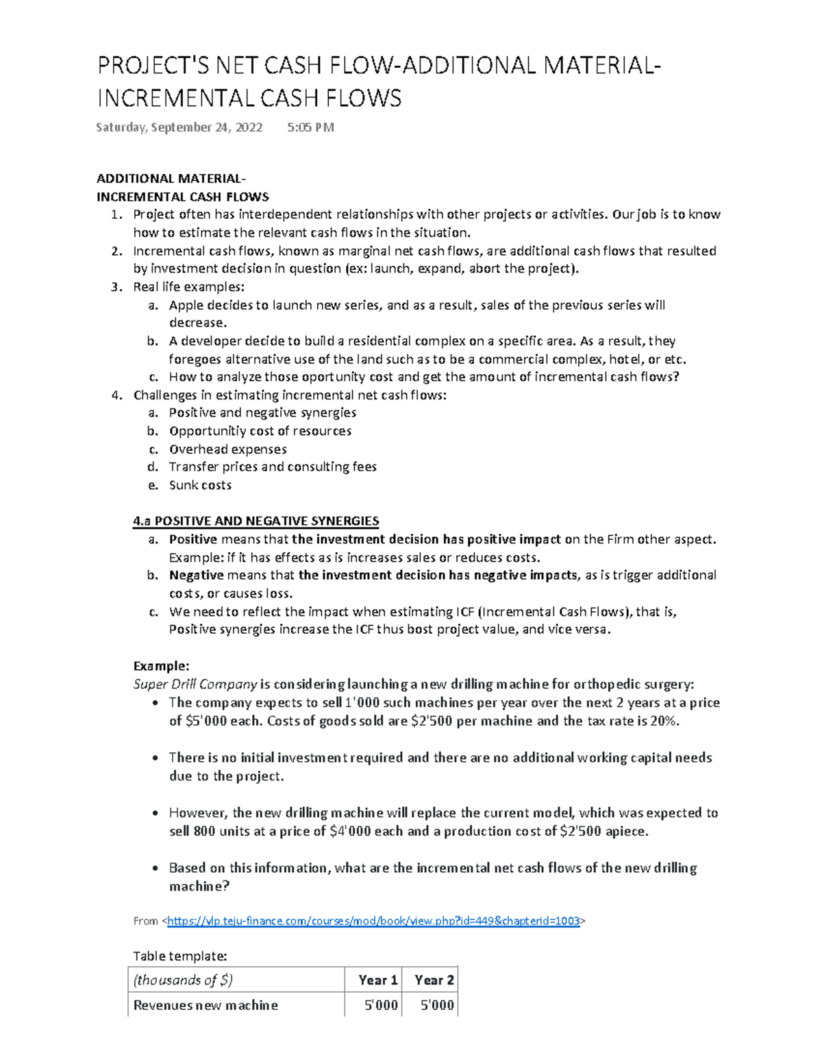 FIN402- Project'S NET CASH Flows- Incremental CASH Flows - ADDITIONAL ...